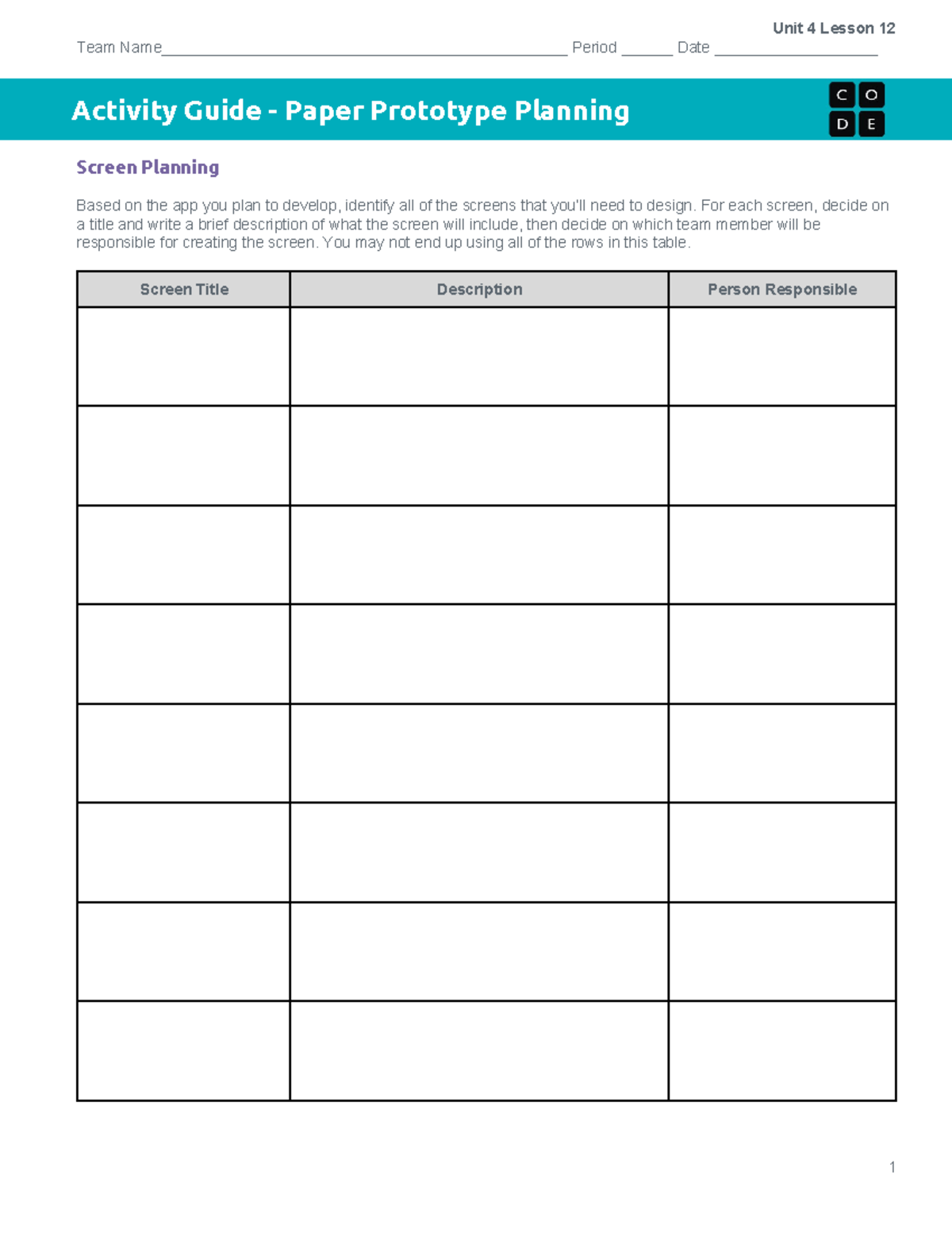 U4L12 - Activity Guide - Paper Prototype Planning 1 - Unit 4 Lesson 12 ...