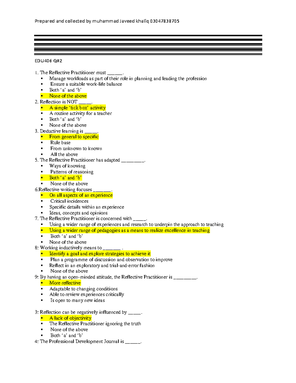EDU406 MCQs & Subjective Qs for Midterm - Reflective Practice Insights ...
