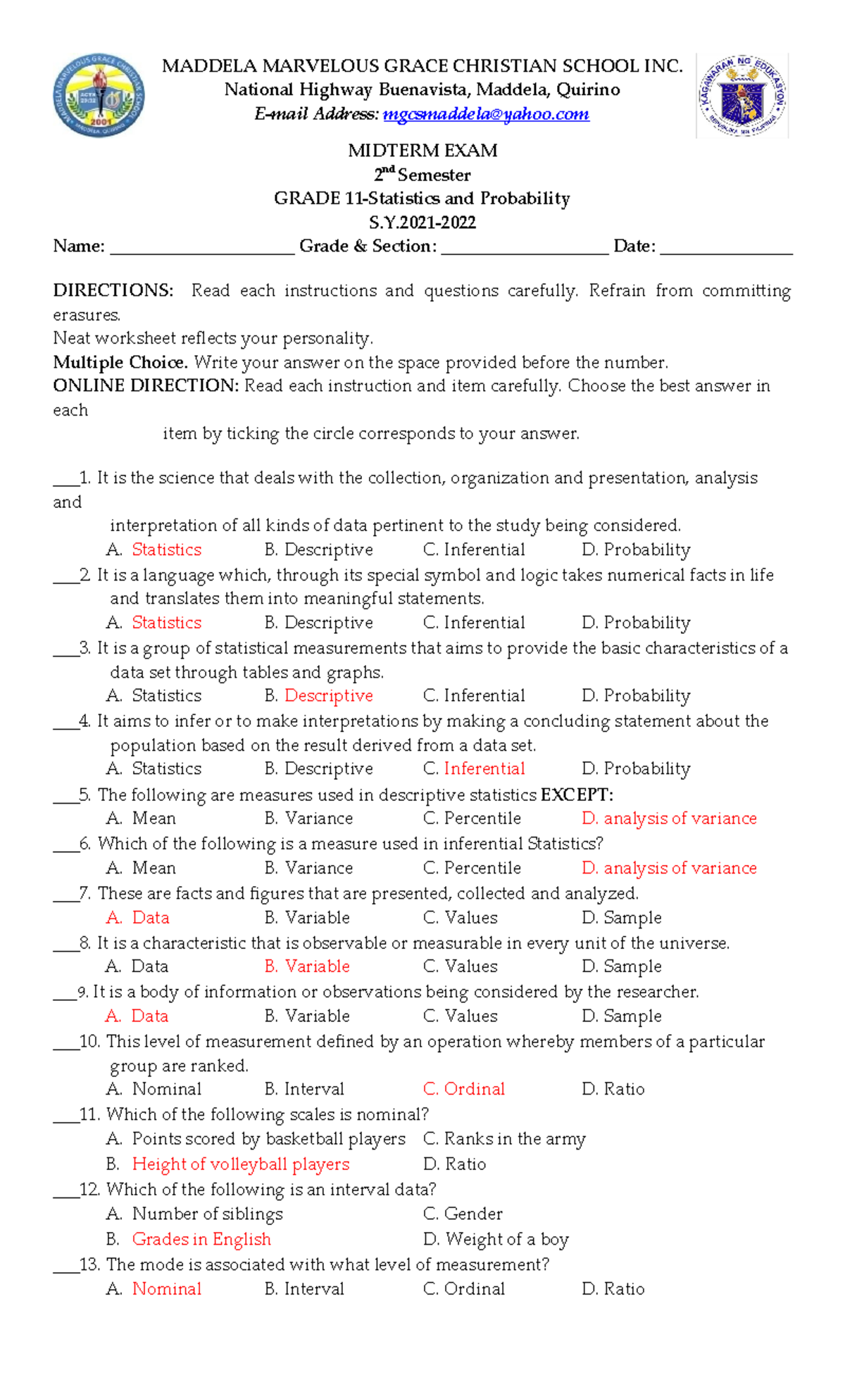 Midterm Exam - Math 11: Statistics and Probability Questions - Studocu