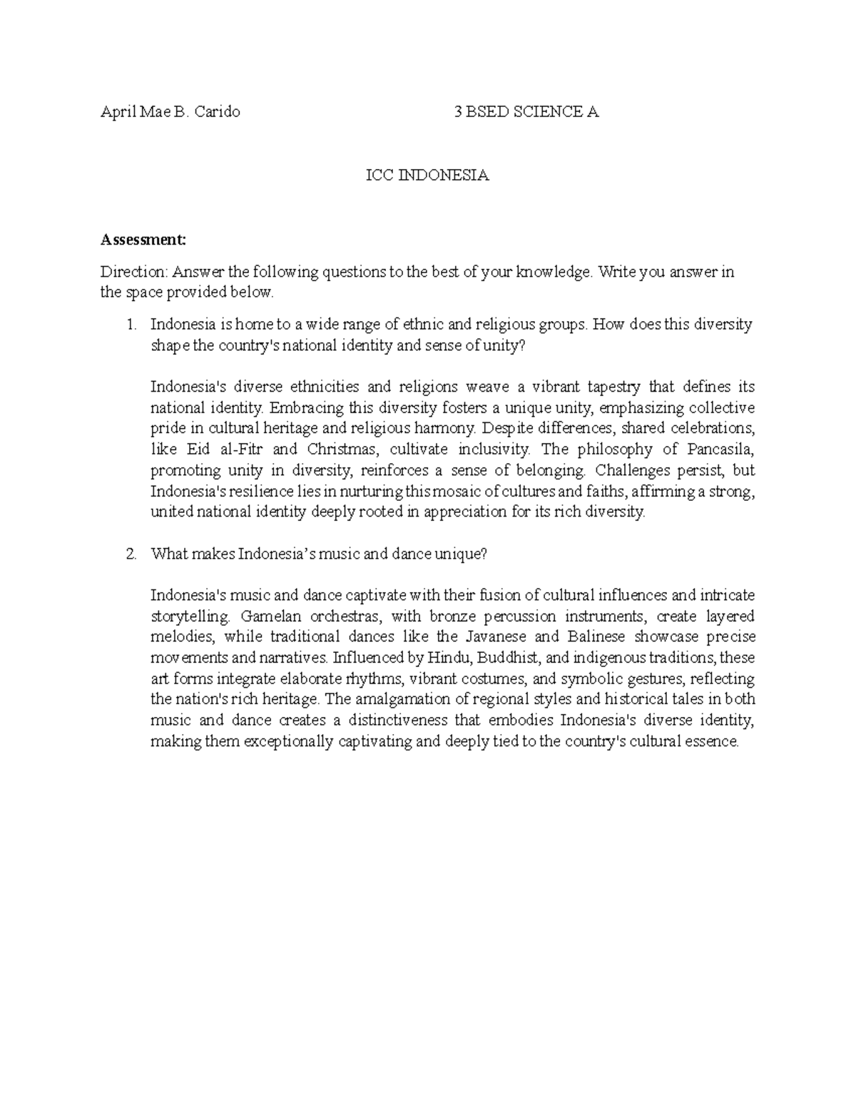 April Mae B Carido - ffd - April Mae B. Carido 3 BSED SCIENCE A ICC INDONESIA Assessment ...
