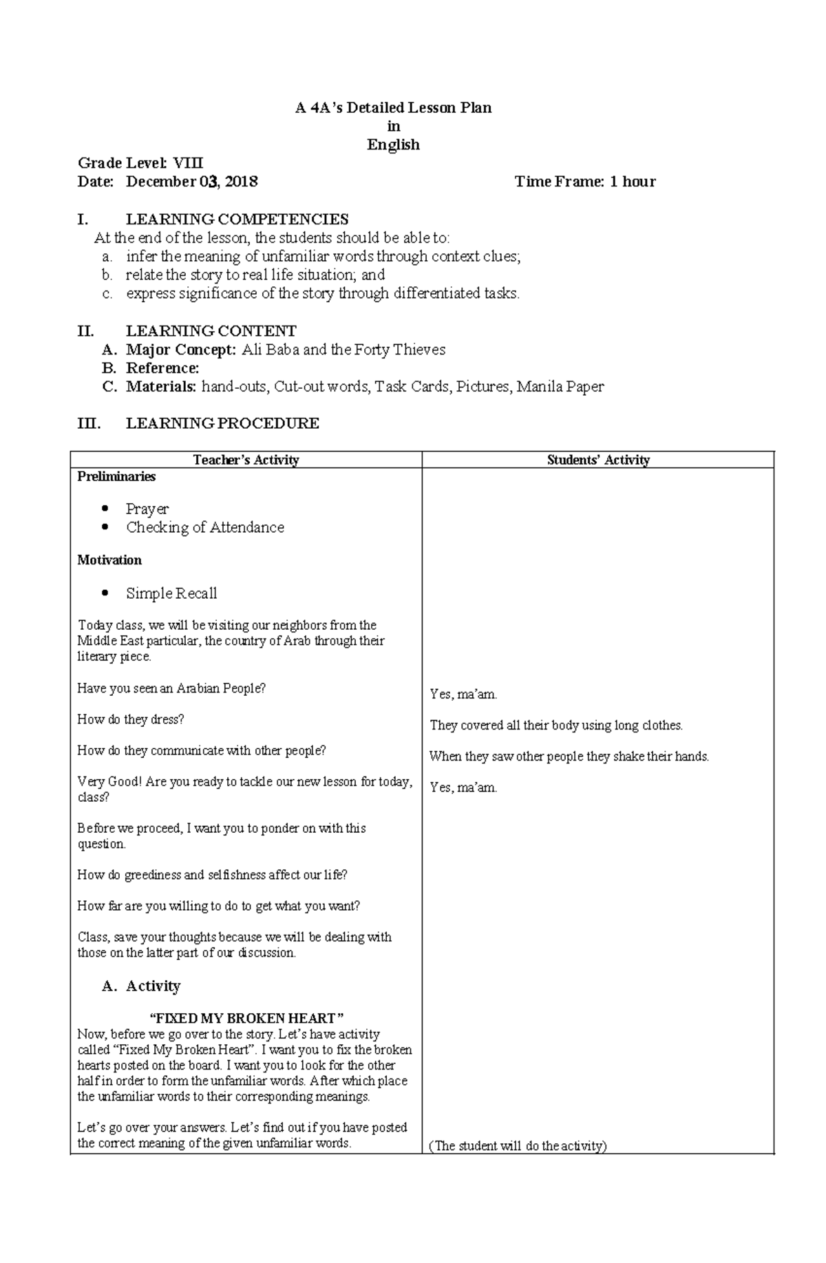 Detailed Lesson Plan: Ali Baba and the Forty Thieves for Grade VIII ...