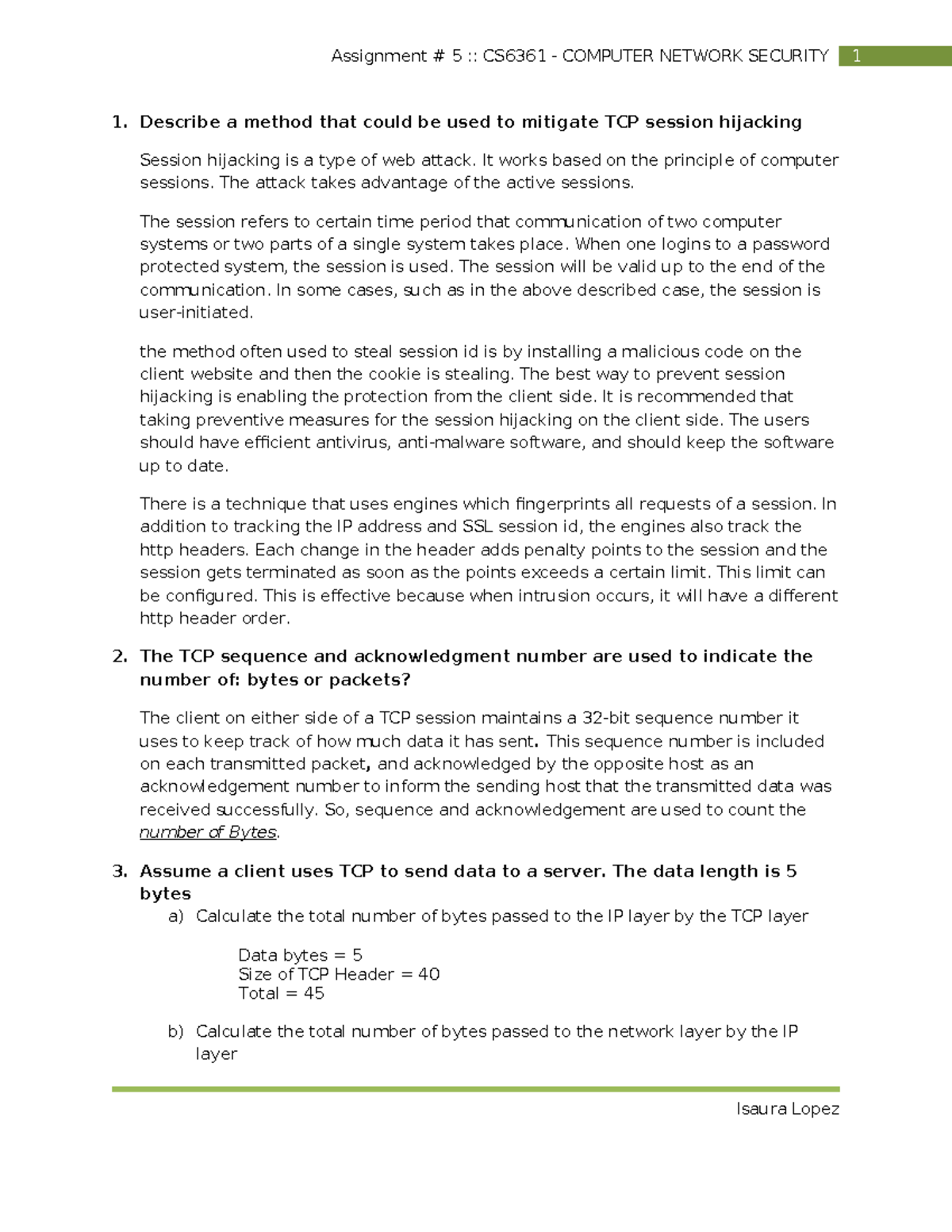Mitigating TCP Session Hijacking: CS6361 Assignment 5 Insights - Studocu
