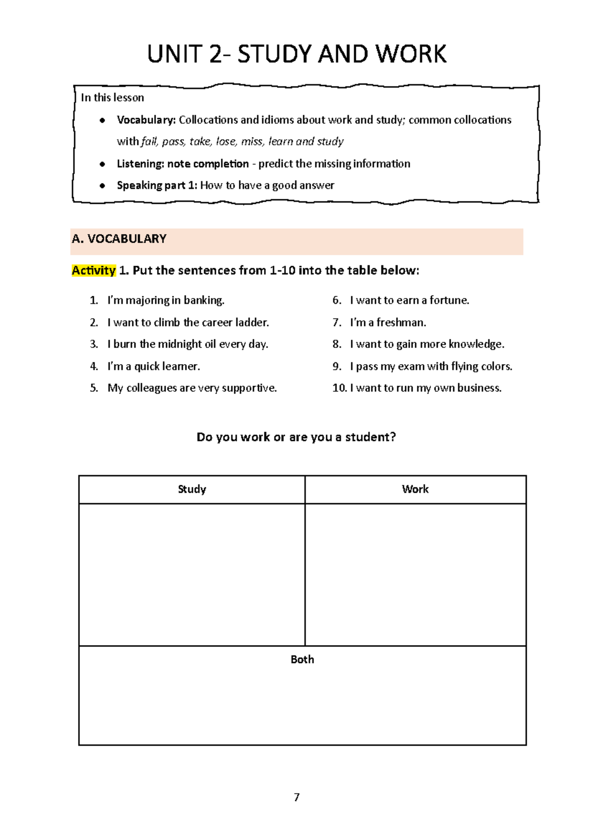 PRE IELTS - Vocabulary Lesson: Work Collocations and Idioms - Studocu