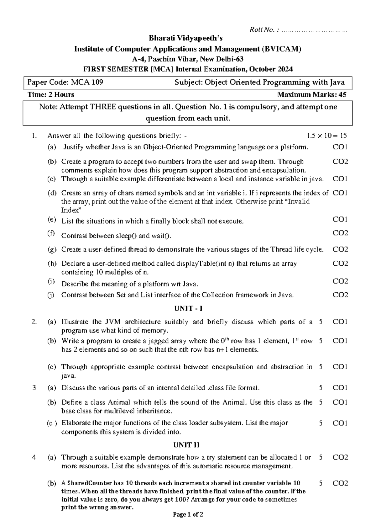 MCA 109 Internal Exam Question Paper - Object Oriented Programming 2024 - Studocu