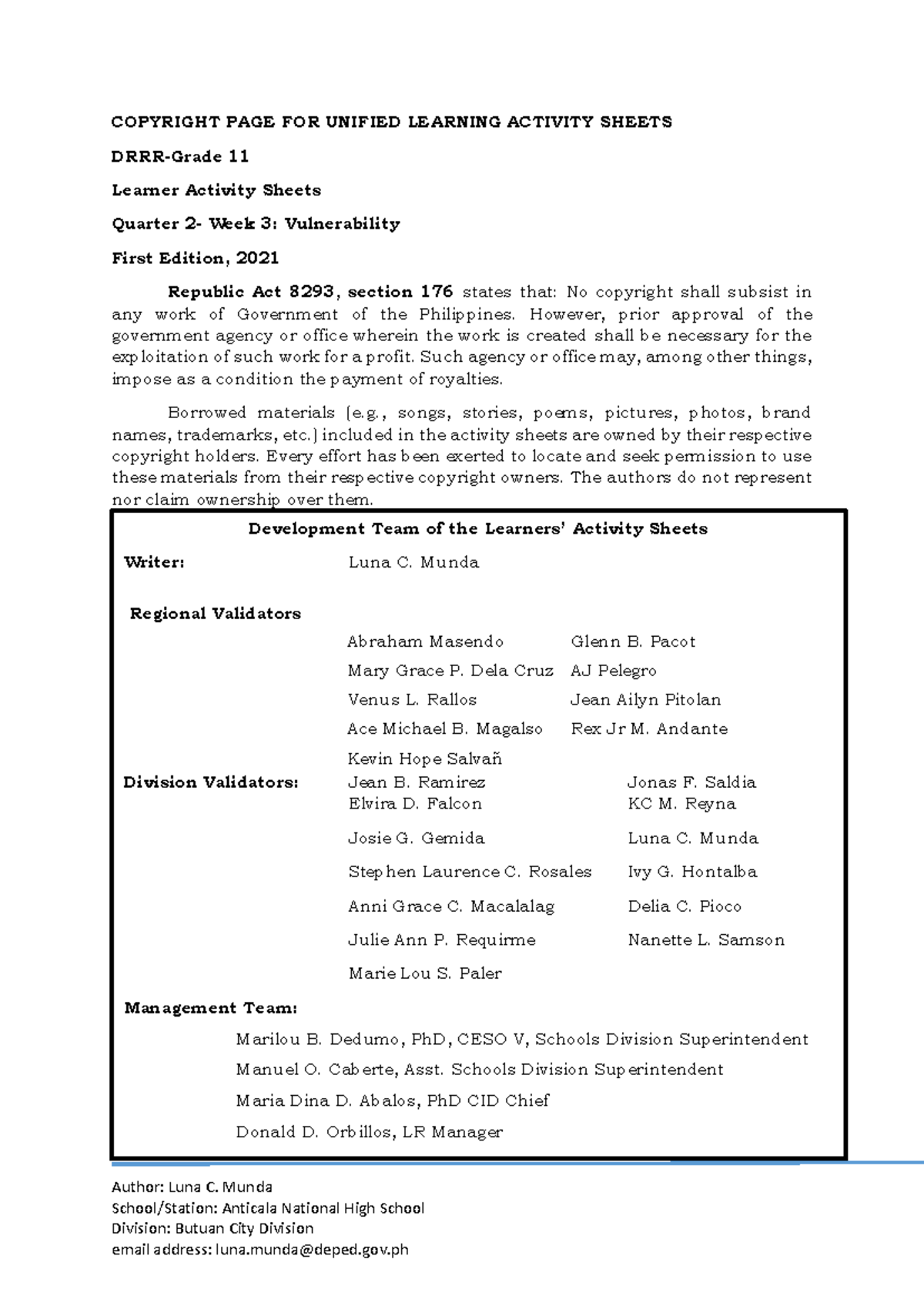 DRRR-Grade 11 Activity Sheets: Week 3 on Vulnerability in Disasters ...