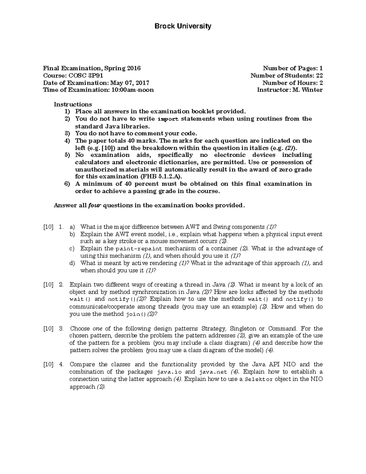 Final Exam Questions for COSC 3P91 - Spring 2016 - Studocu