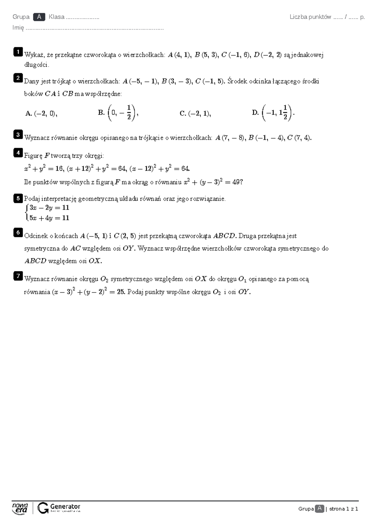 Geometria Analityczna – Klasówka Poziom Łatwiejszy (Grupa A, B, D ...