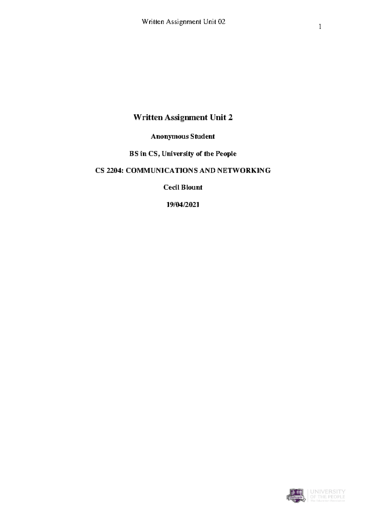 CS2204 Written Assignment Unit 02 - 1 Written Assignment Unit 2 ...