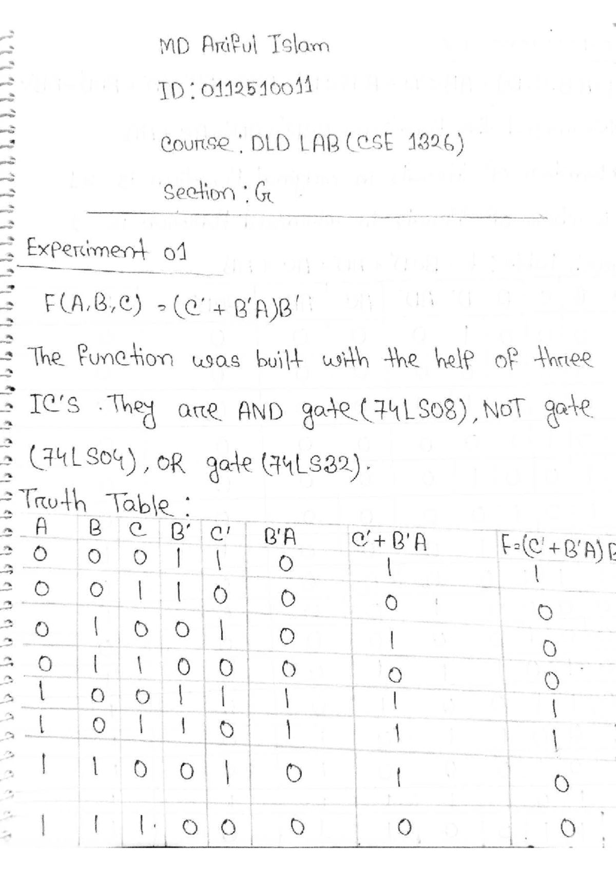 Lab Report 02: DLD LAB (CSE 1326) Experiment 01 Analysis - Studocu