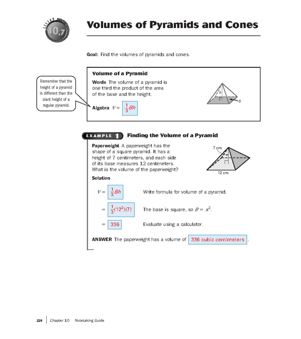 Lesson 10 - Volumes of Pyramids and Cones Notetaking Guide - Studocu