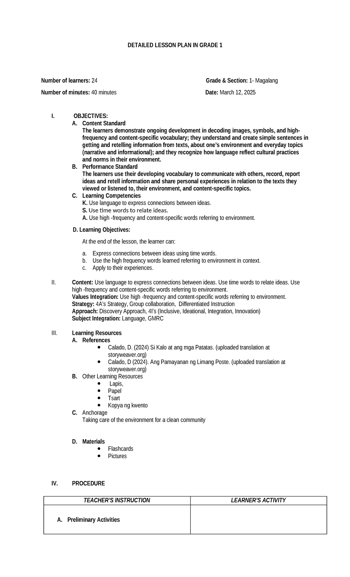 4as 4is detailed lesson plan SAL 4 - DETAILED LESSON PLAN IN GRADE 1 ...