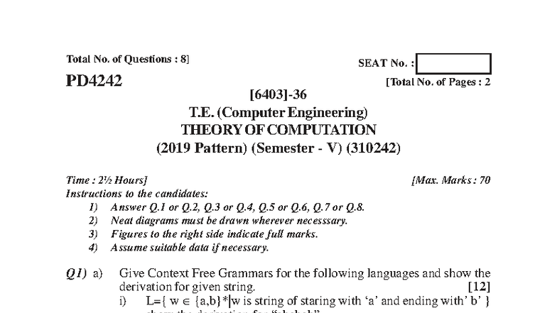 TOC PYQ (310242) - Theory of Computation Exam Questions - Studocu
