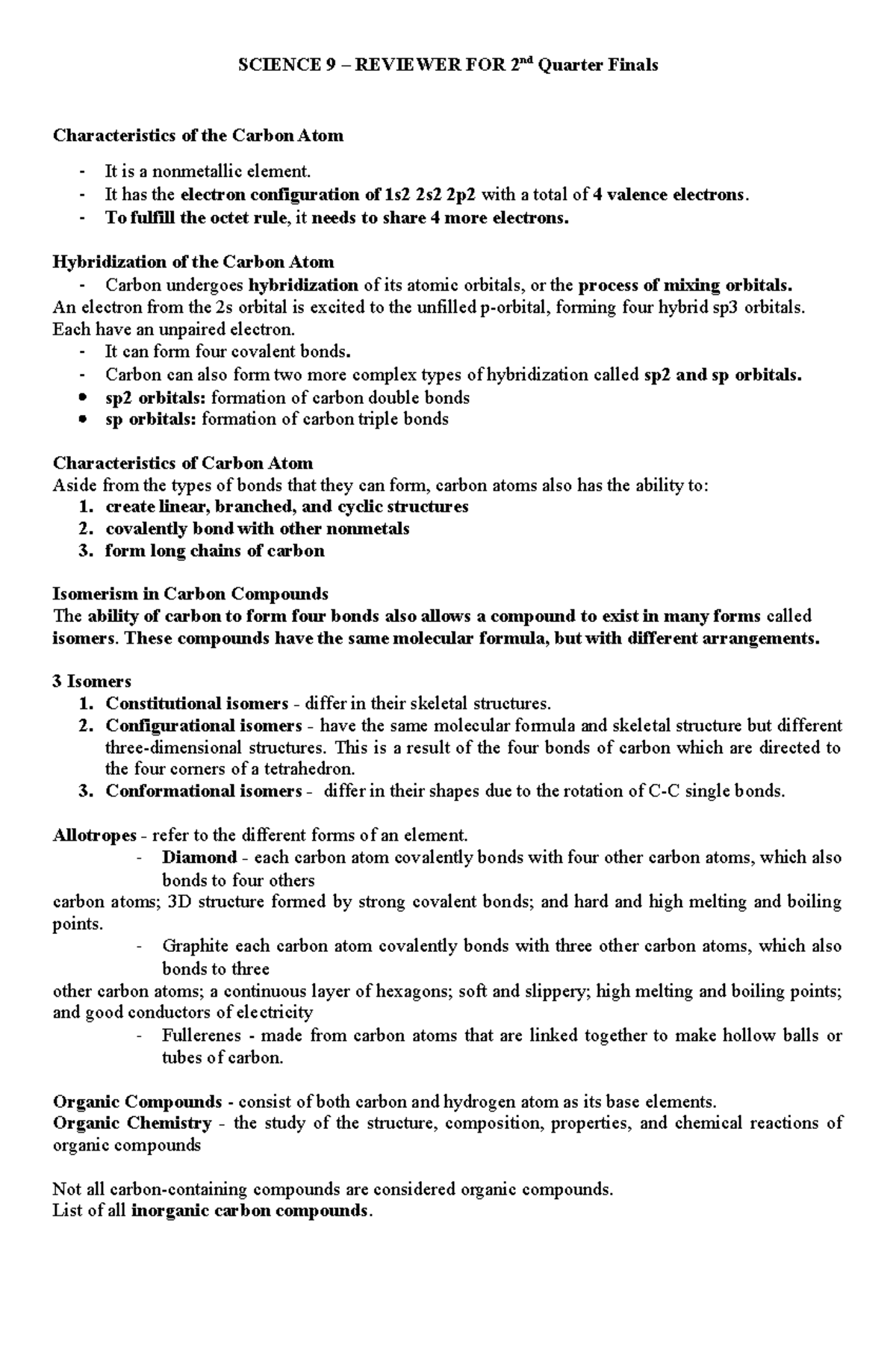 Science 9 - 2nd Quarter Final Reviewer on Carbon and Organic Compounds ...