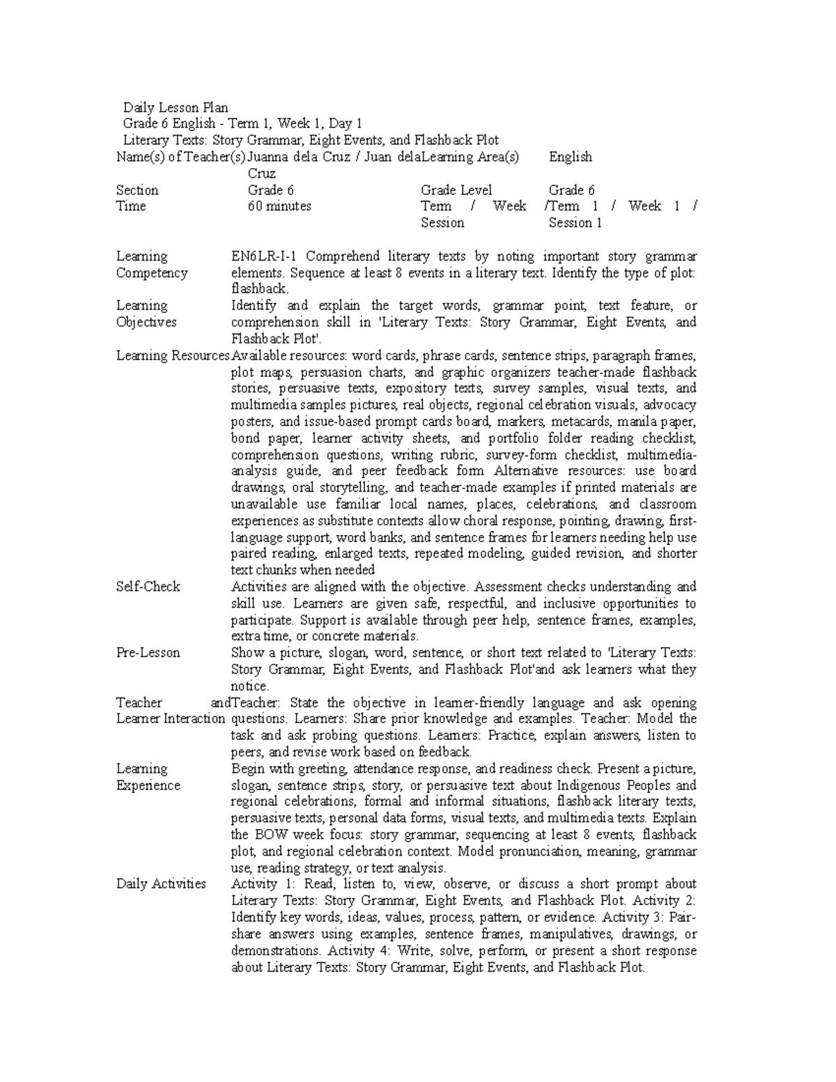 Grade 6 English Lesson Plan: Literary Texts & Flashback Plot (Term 1 ...
