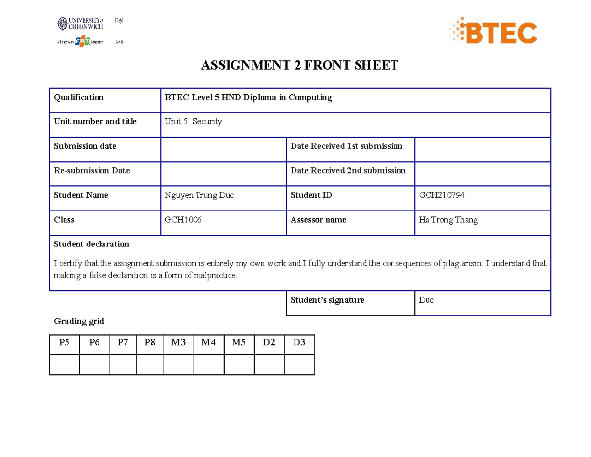 1 Unit-5-Assignment-2-frontsheet - ASSIGNMENT 2 FRONT SHEET Qualification BTEC Level 5 HND ...