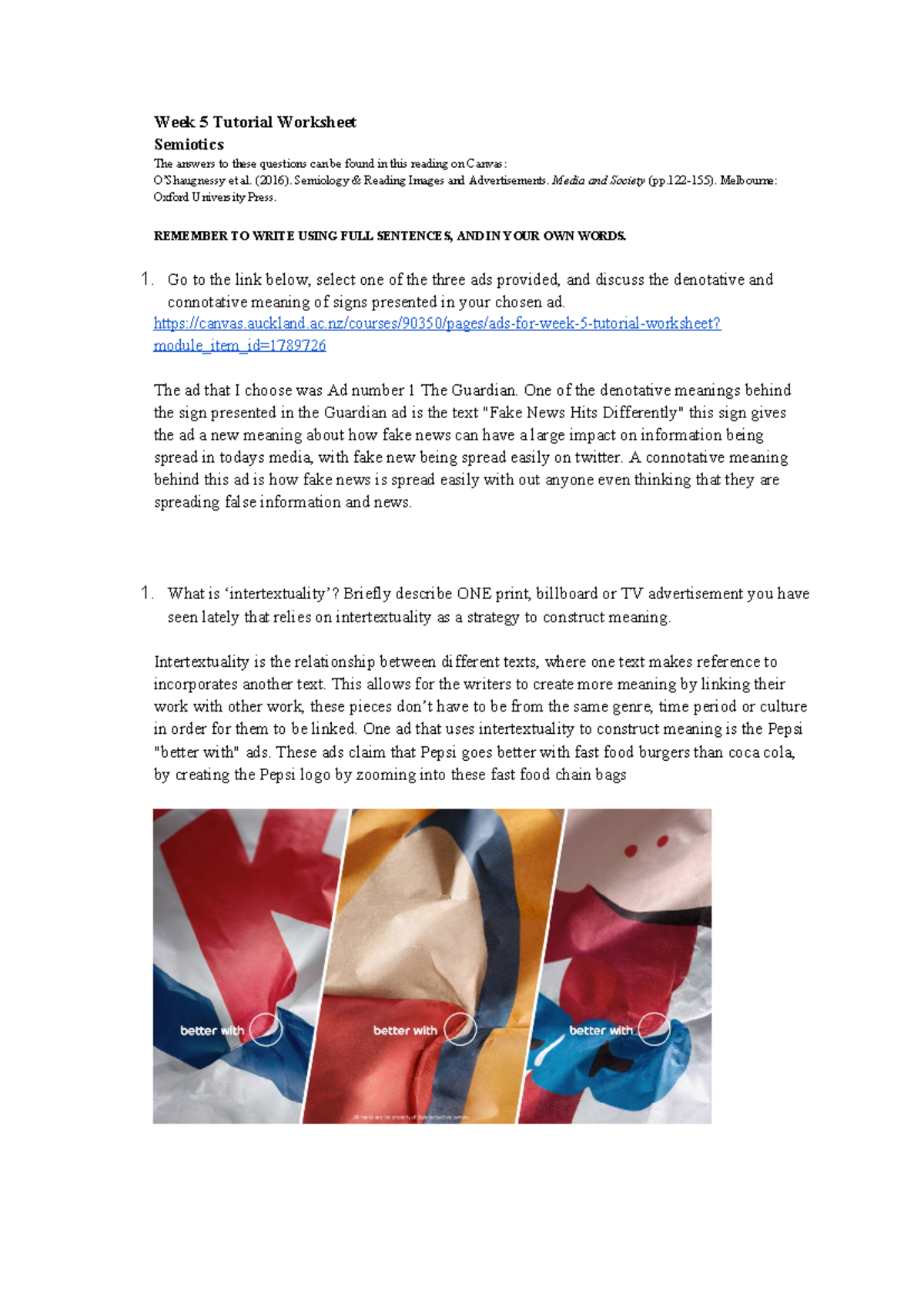 Week 5 Tutorial Worksheet - Week 5 Tutorial Worksheet Semiotics The ...