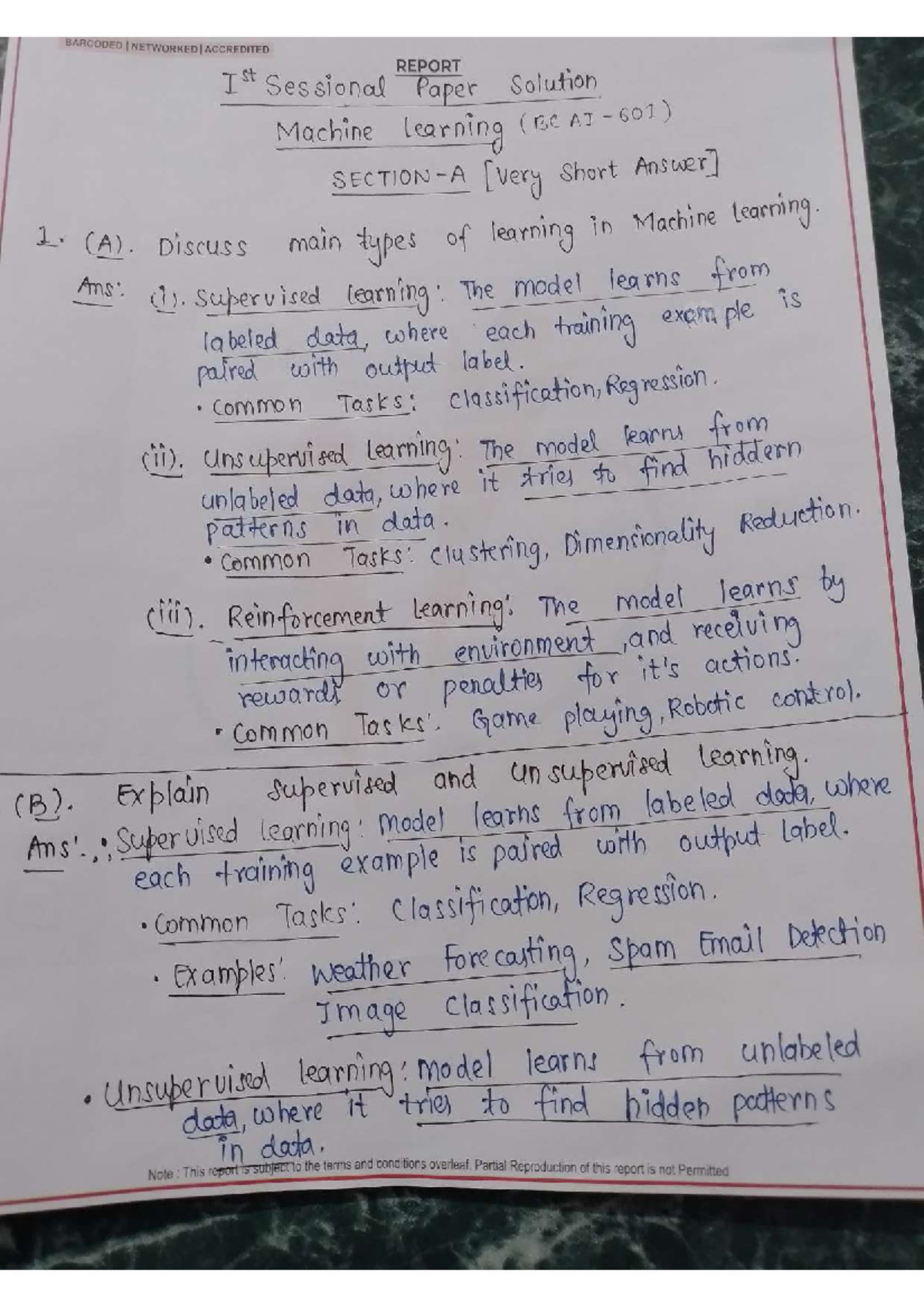 Machine Learning 1st Sessional Solutions Report: Key Concepts and ...