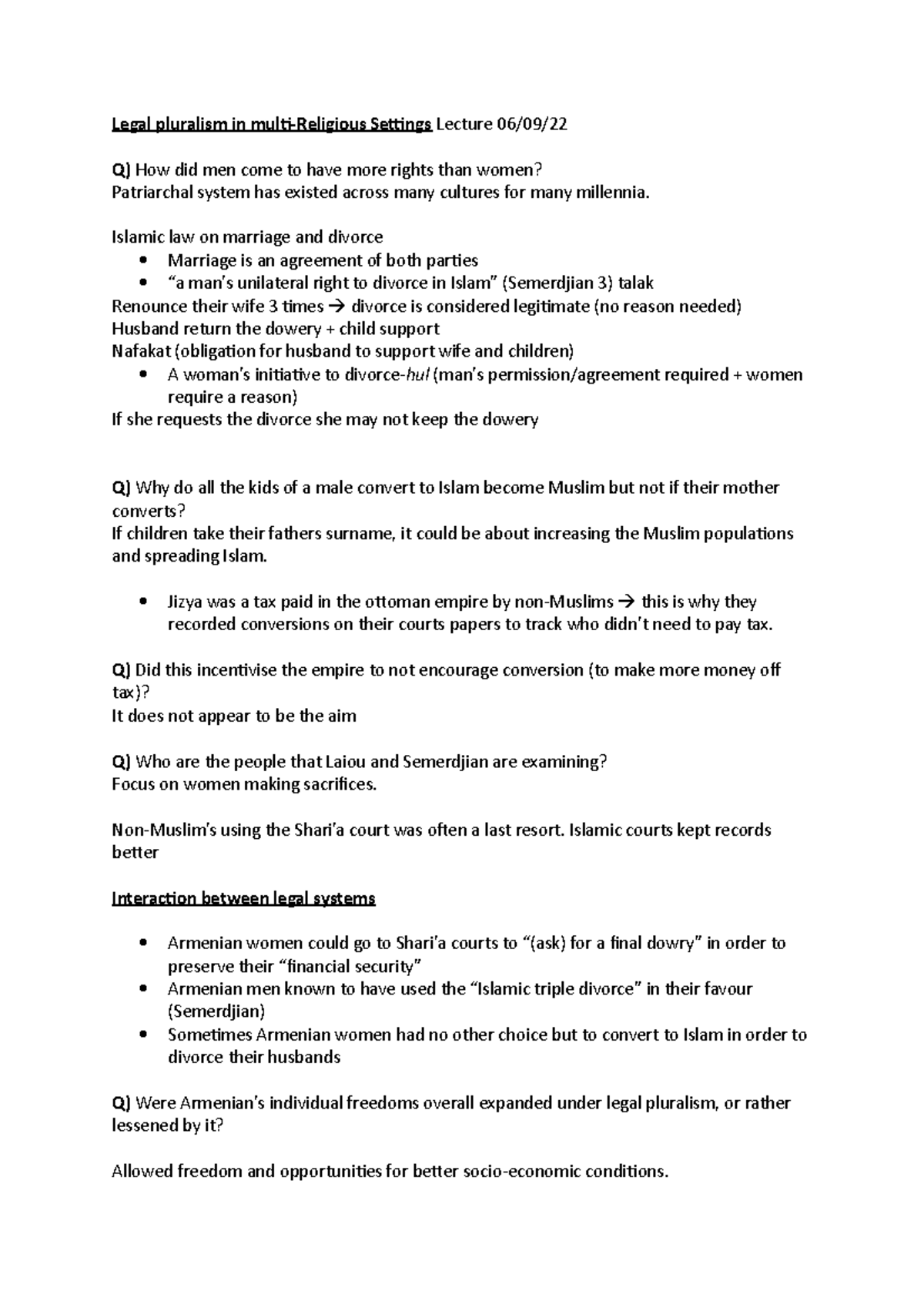 Lecture on Legal Pluralism - Legal pluralism in multi-Religious Settings Lecture 06/09/ Q) How ...