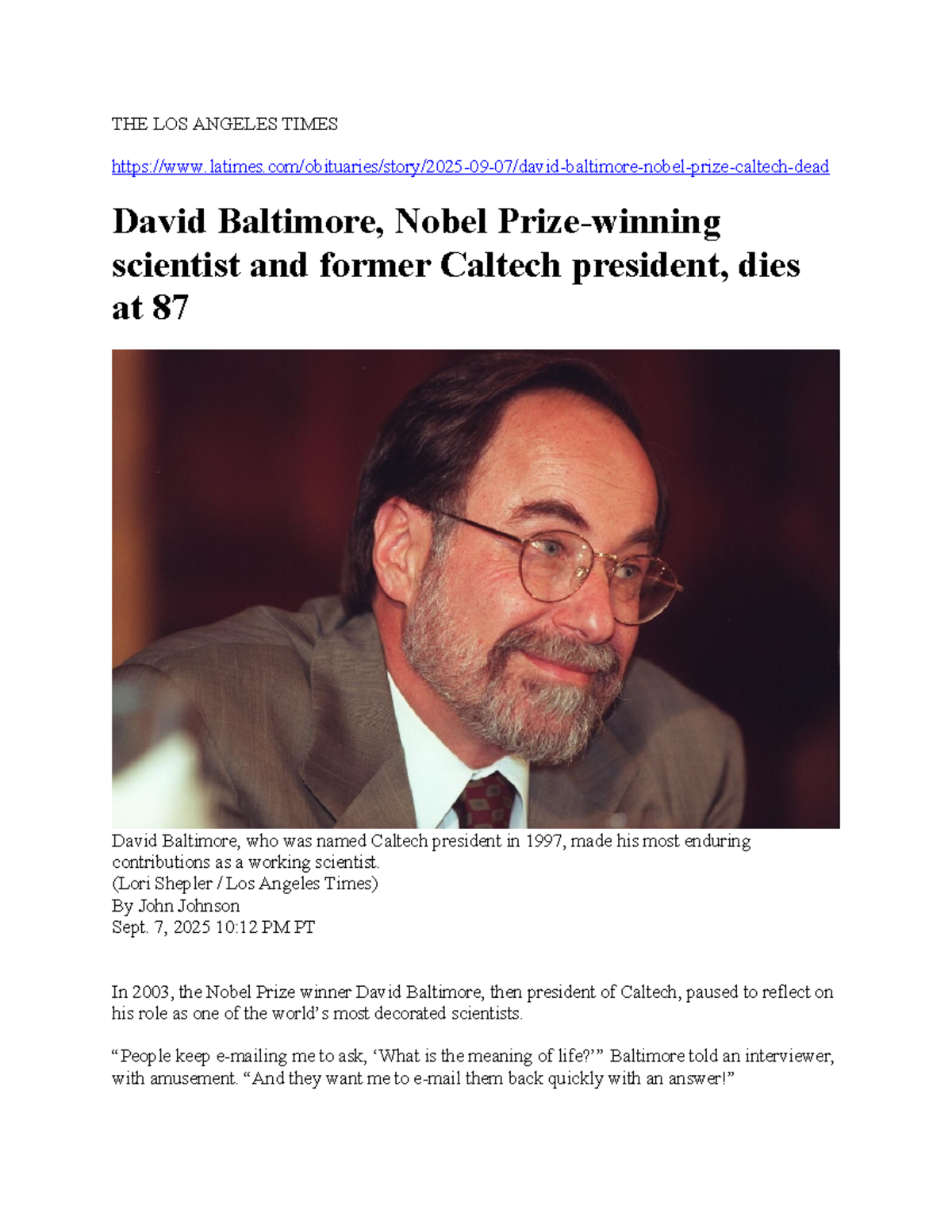David Baltimore Obituary: A Legacy in Science and Leadership - Studocu
