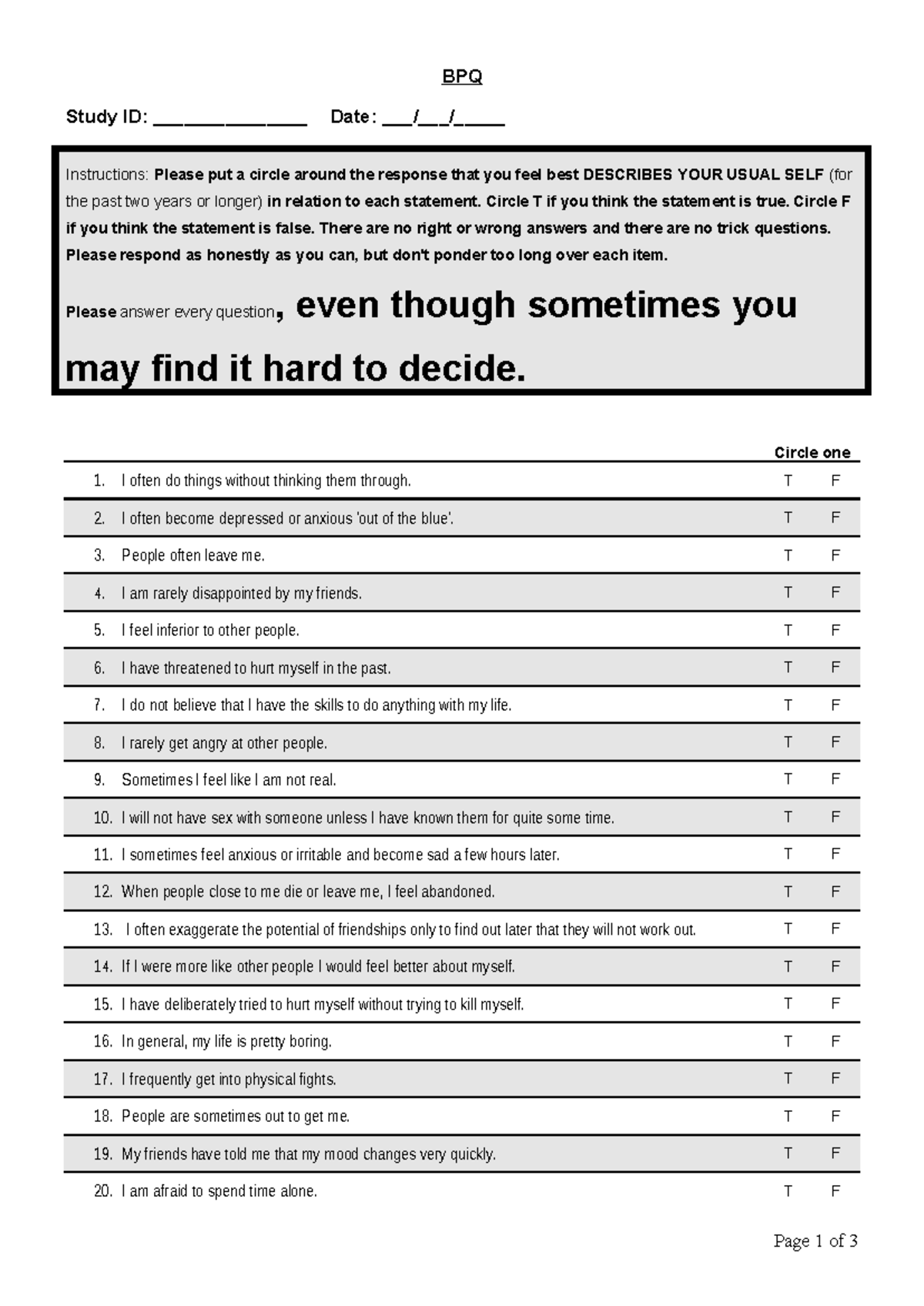 BPQ - Borderline Personality Questionnaire Instructions and Scoring ...