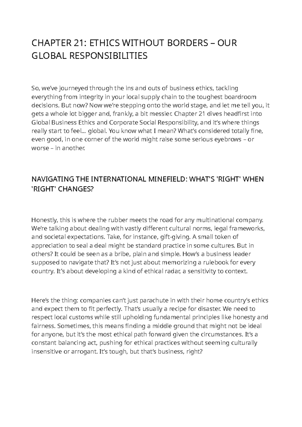 CHAPTER 21: GLOBAL BUSINESS ETHICS & CSR REVIEW - Studocu