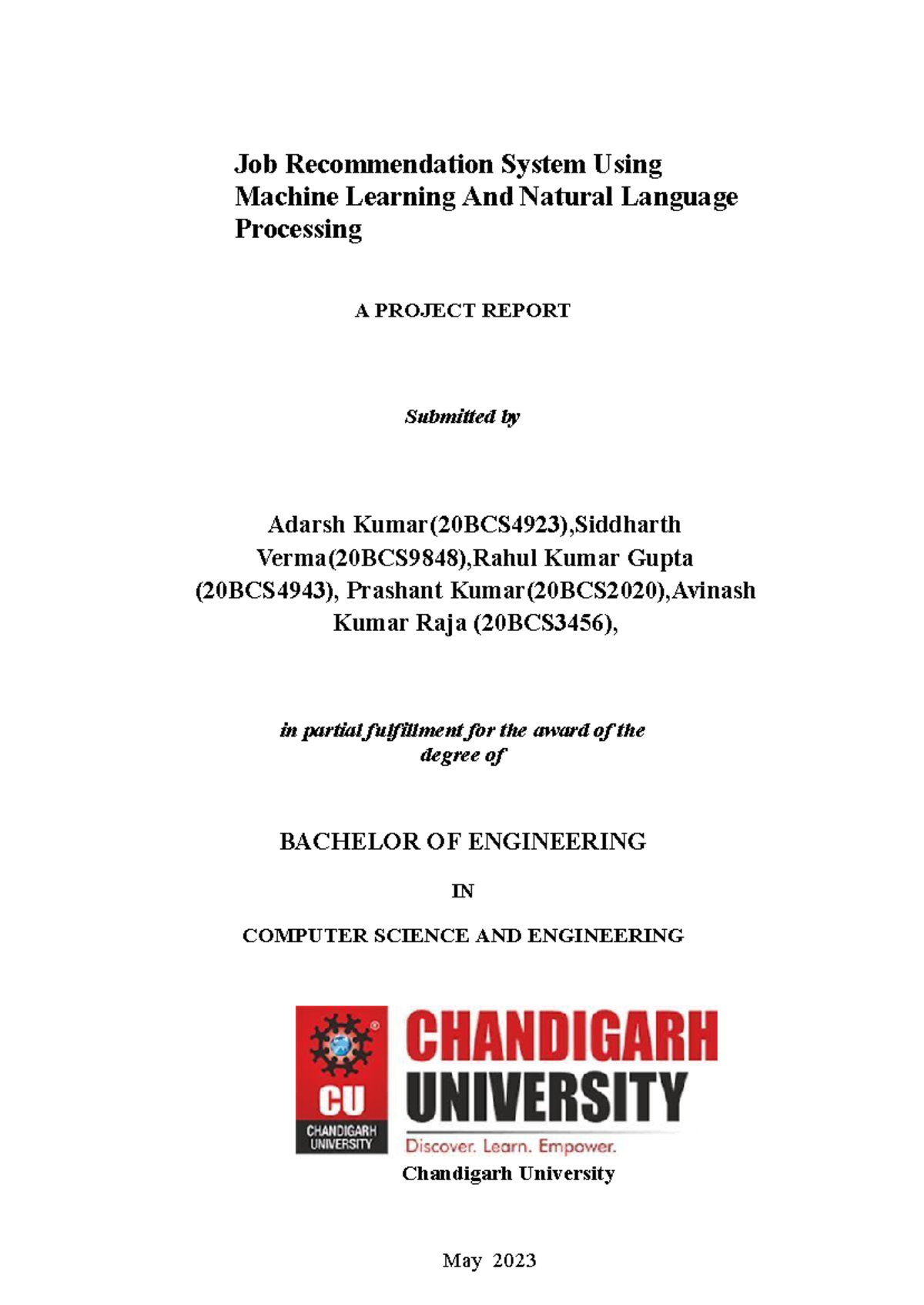 Job Recommendation System Project Report (CSE 2023) - Studocu