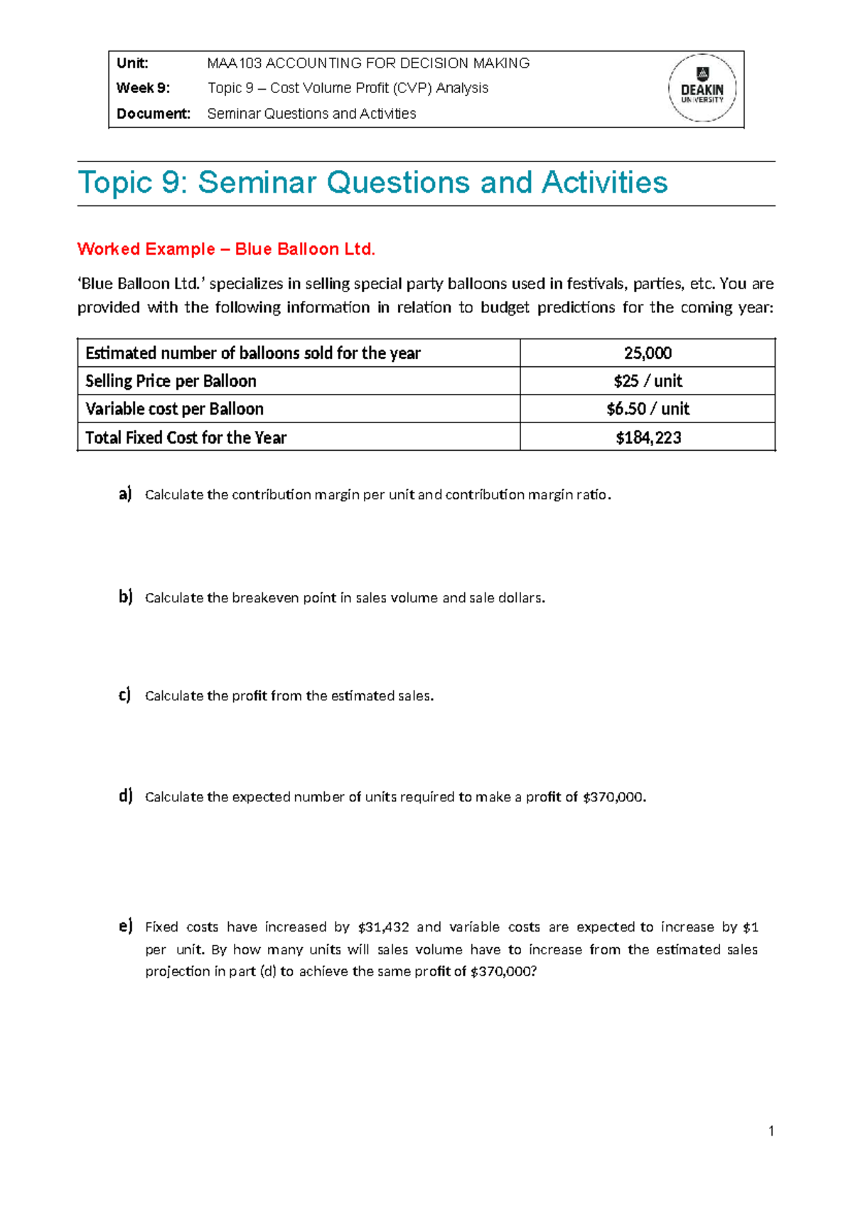 MAA103 Week 9 Seminar Questions: Cost Volume Profit (CVP) Analysis ...