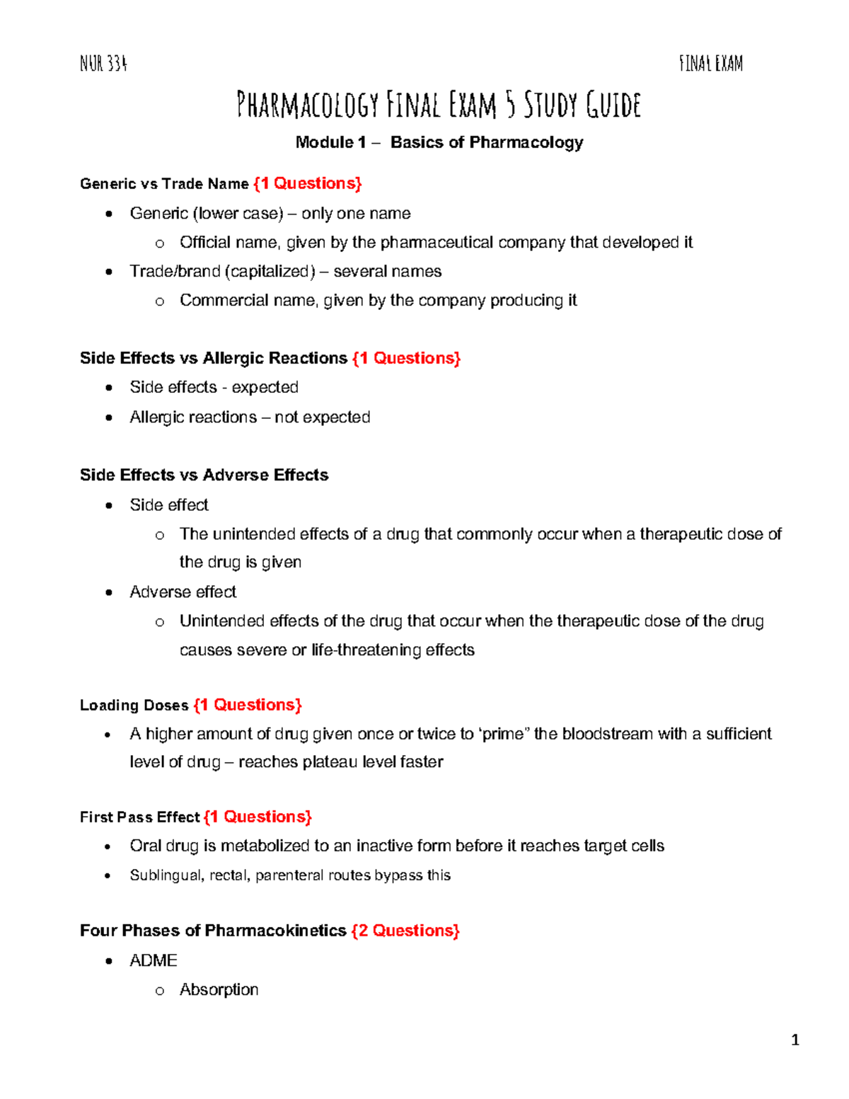 NUR 334 Pharmacology Final EXAM Study Guide - NUR 334 FINAL EXAM Pharmacology Final Exam 5 Study ...
