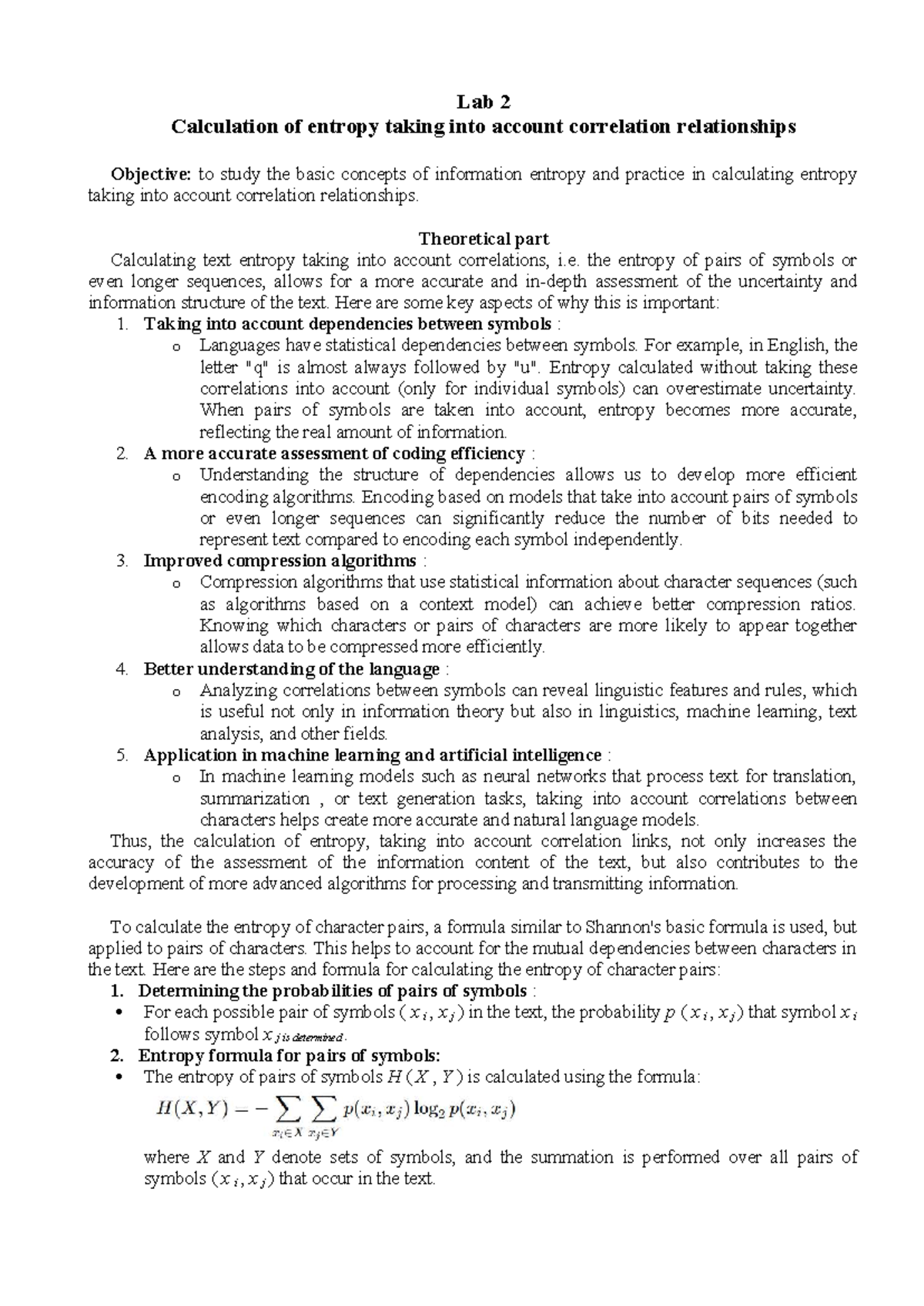 Lab 2: Calculating Entropy with Correlation Relationships - Studocu