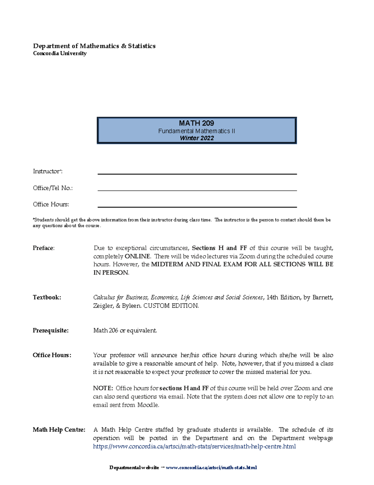 MATH 209 Winter 2022 - Course Outline and Important Information - Studocu