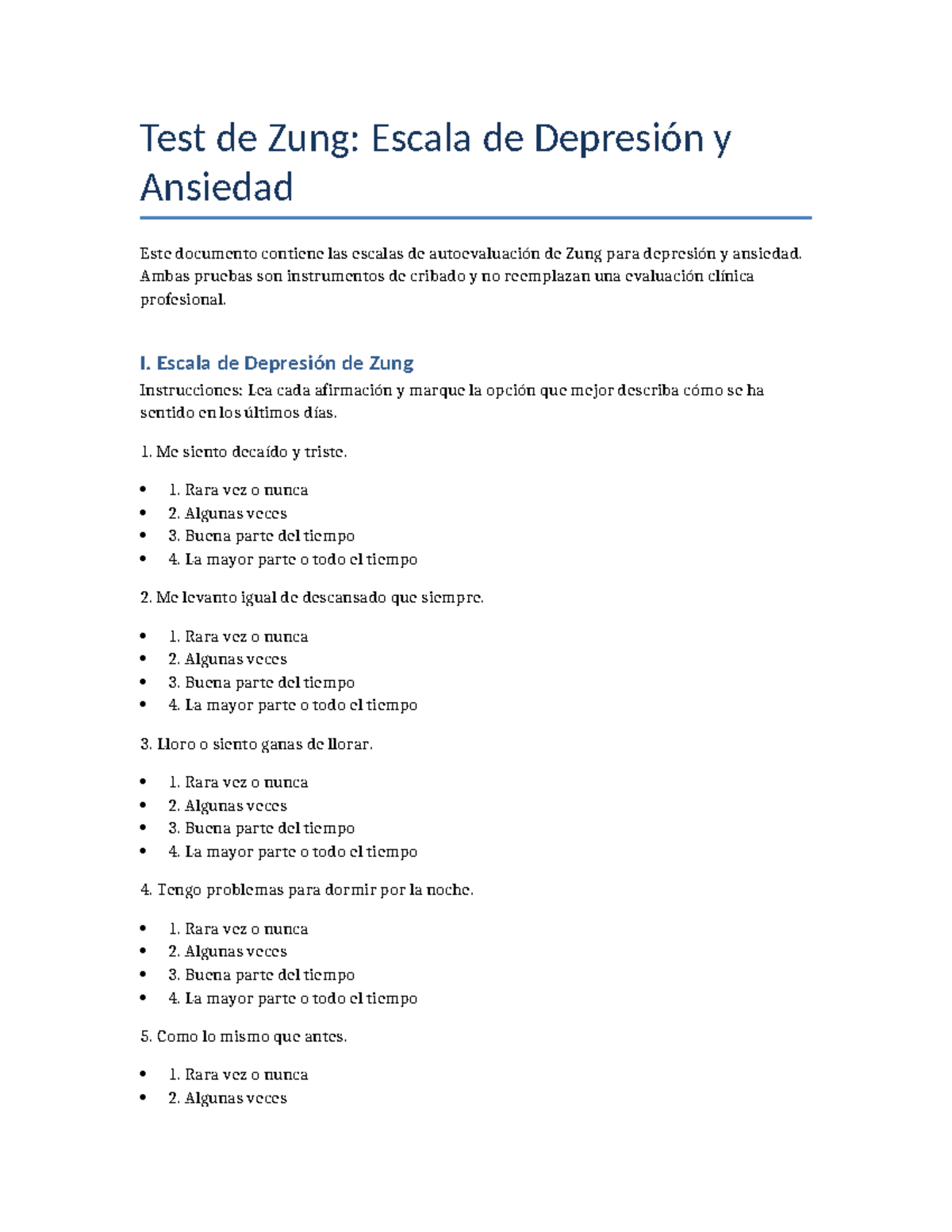Test Zung: Escalas de Depresión y Ansiedad (Autoevaluación) - Studocu