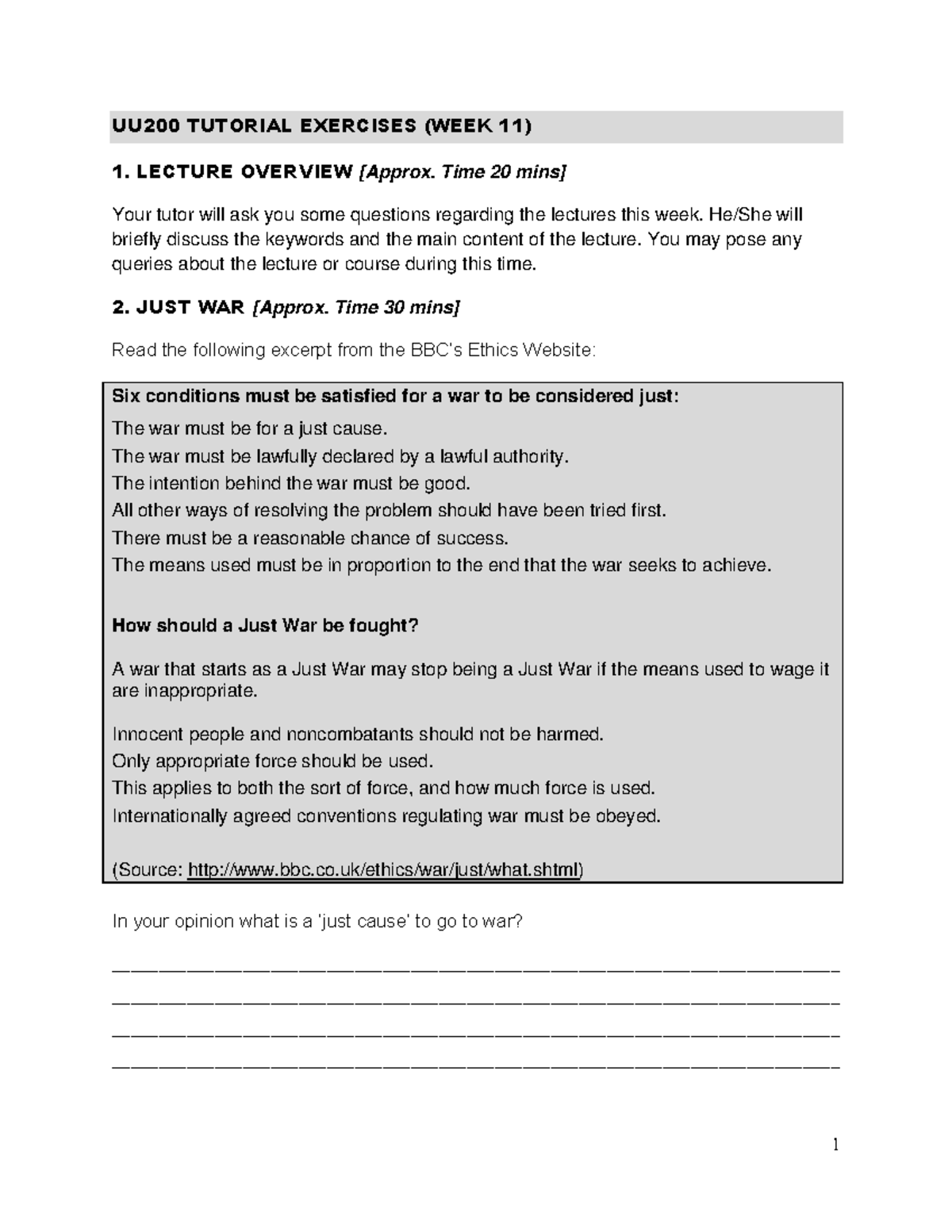UU200 WEEK 11 TUTORIAL EXERCISES: JUST WAR & LECTURE OVERVIEW - Studocu