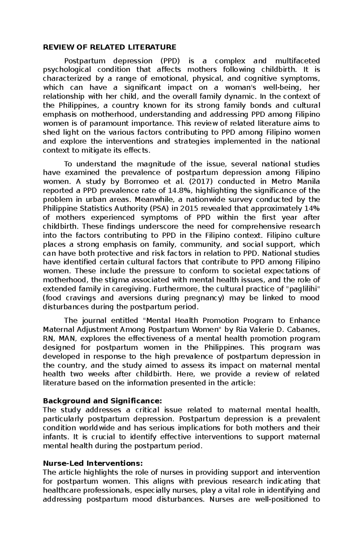 Literature Review on Postpartum Depression in Filipino Women - Studocu