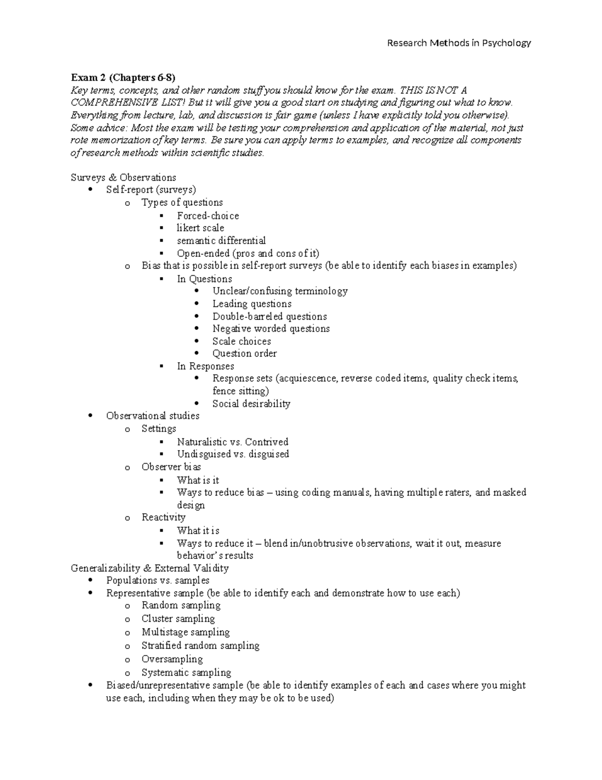 Research Methods in Psychology - Exam 2 Study Guide (Ch. 6-8) - Studocu