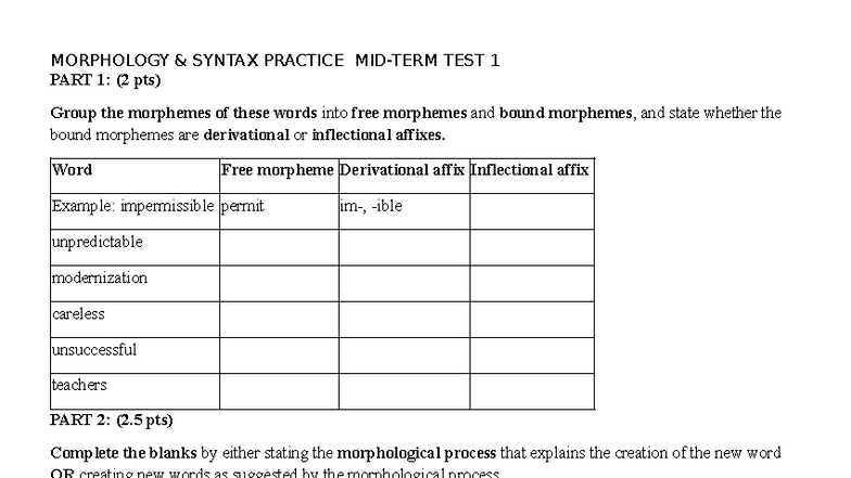 MORPHOLOGY SYNTAX PRACTICE TEST 1 & 2: Comprehensive Review - Studocu