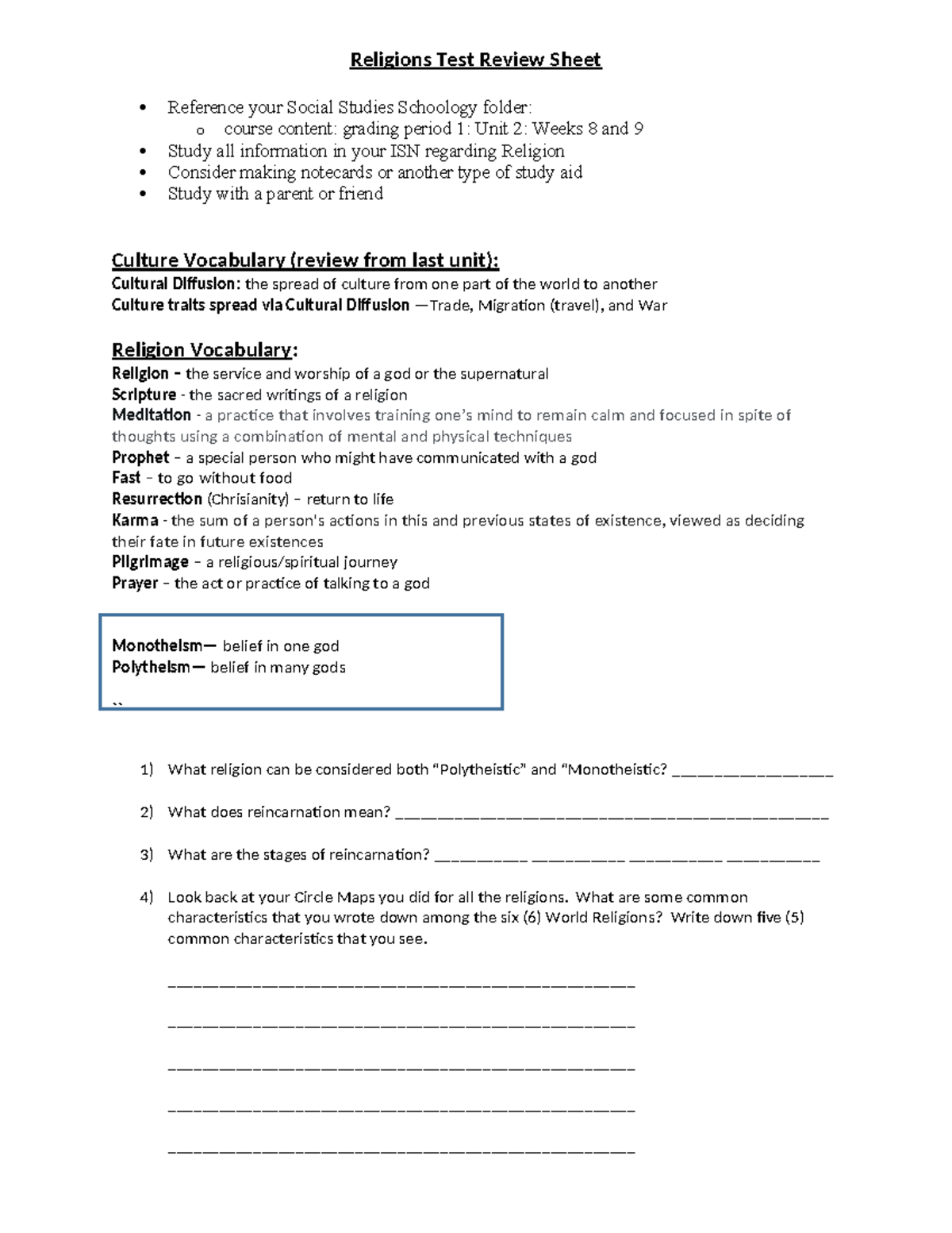Religions Test Review Sheet for Social Studies (Unit 2, GP1) - Studocu
