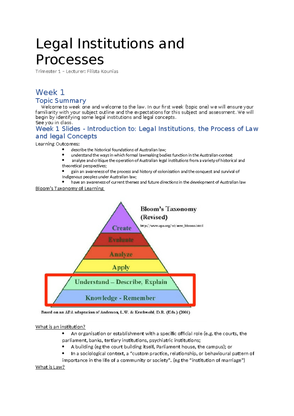 LA1101 Week 1 & 2: Introduction to Legal Institutions and Concepts ...
