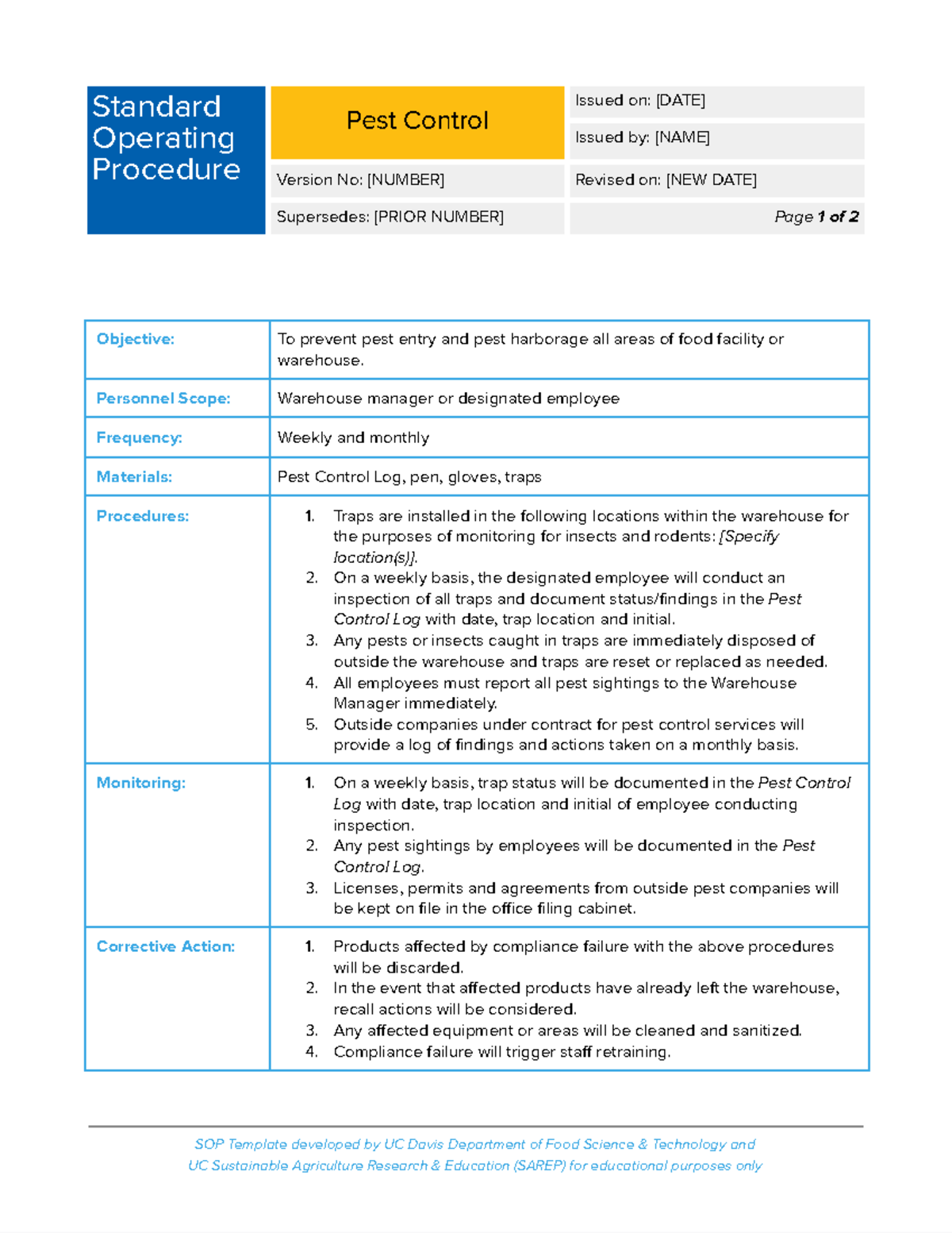 SOP for Pest Control Procedures in Food Facilities - UC Davis - Studocu