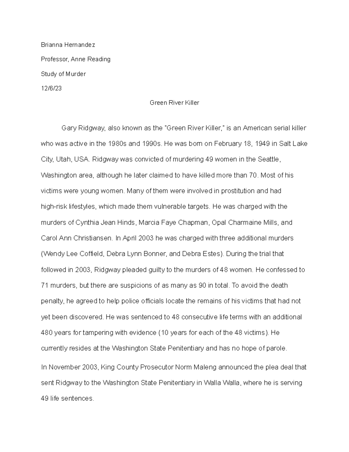 Green River Killer Case Study (ENG 202): An Analysis of Gary Ridgway ...