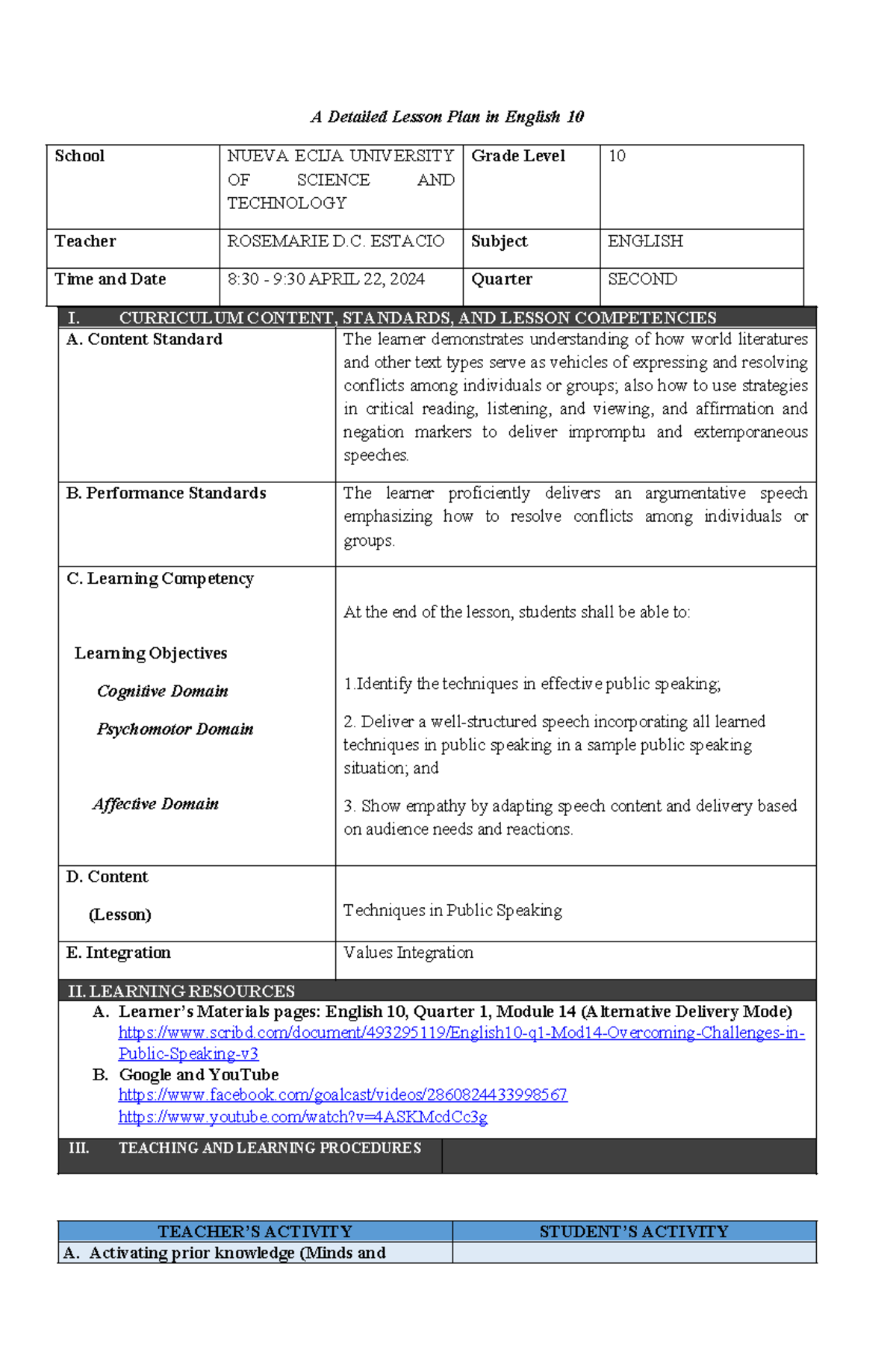 Detailed Lesson Plan: Techniques in Public Speaking for English 10 ...