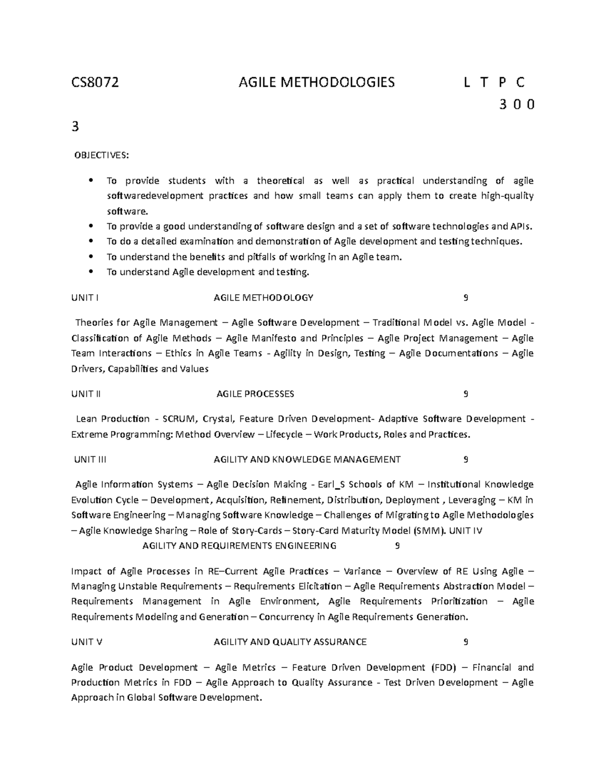 CS8072 Agile Methodologies Course Overview and Key Concepts - Studocu