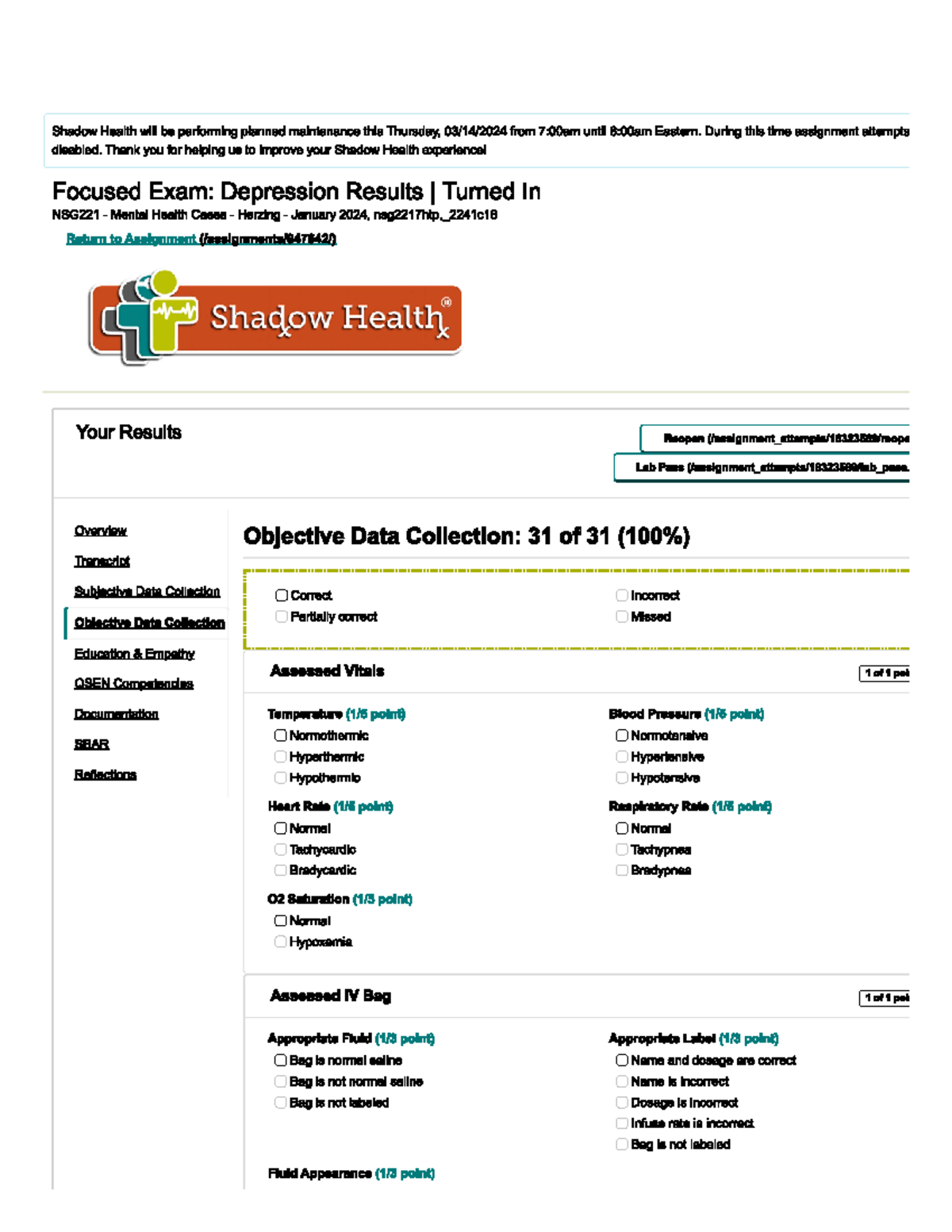 Objective Data: Shadow Health Depression Case for Patient Ms. Harris ...