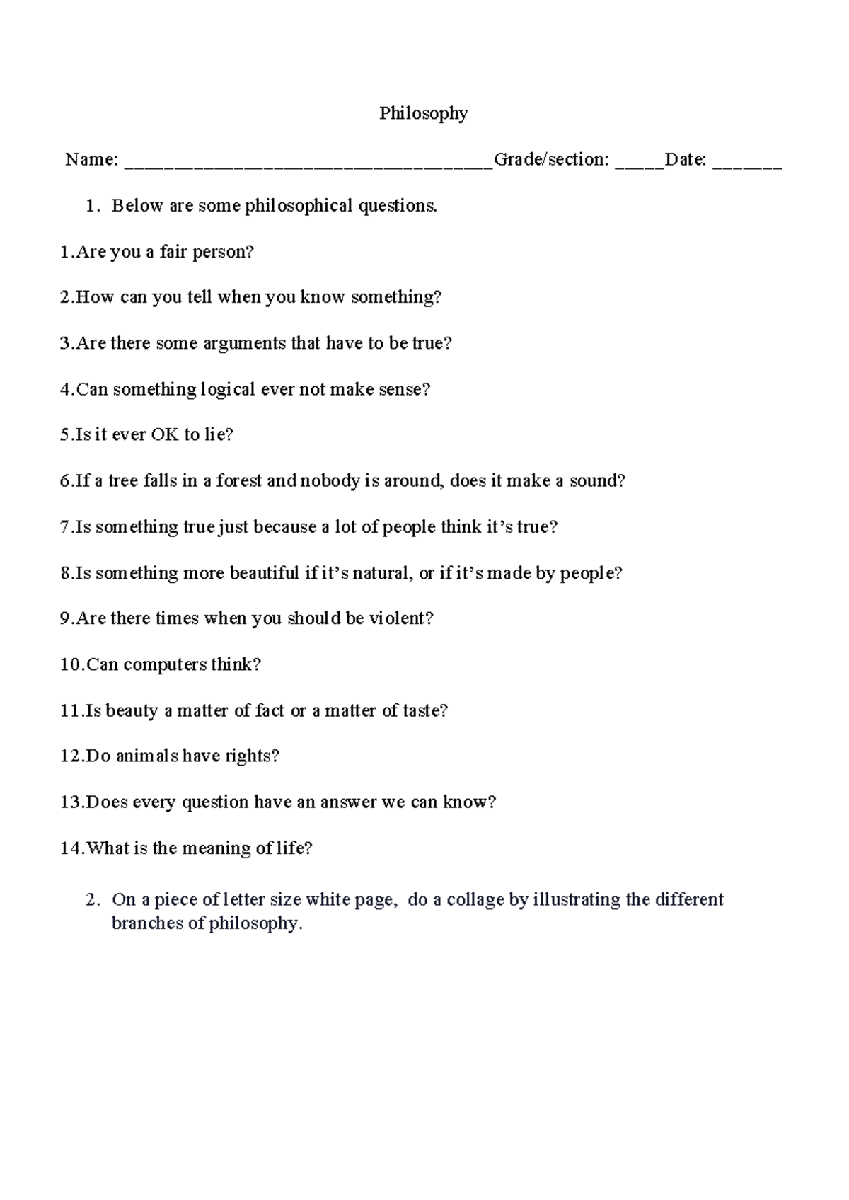 Branches of Philosophy Worksheet 1: Exploring Key Questions - Studocu
