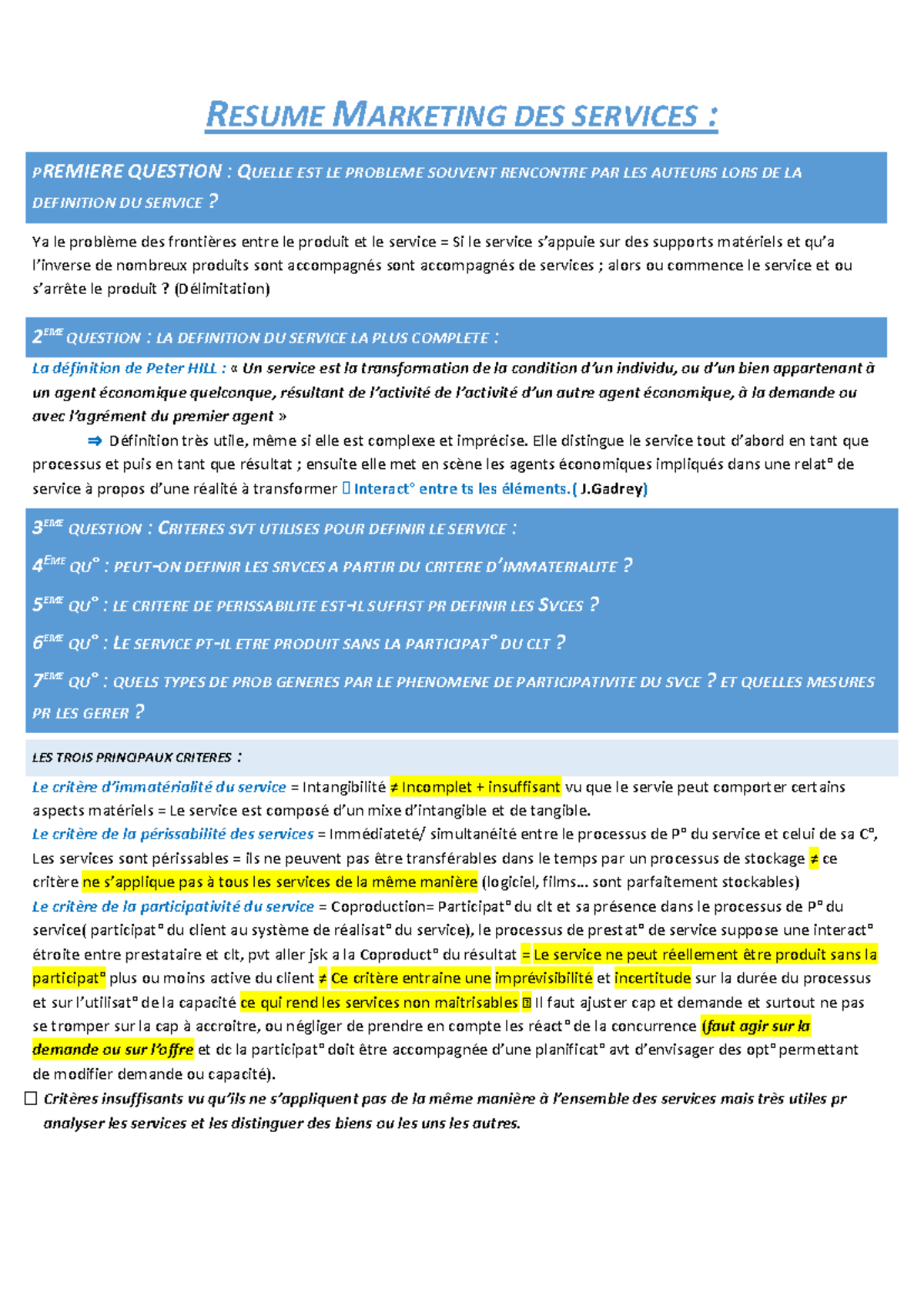 Résumé Marketing des Services : Problèmes et Critères de Définition ...