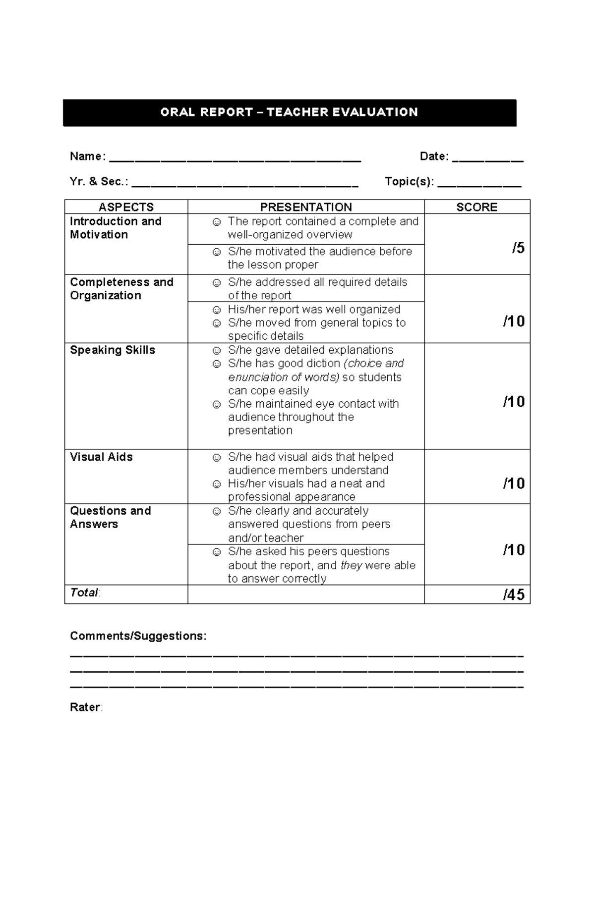 Oral Presentation Evaluation Rubric - Teacher Assessment - Studocu