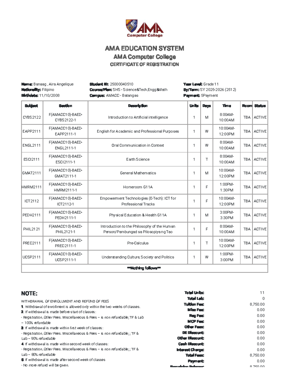 AMA Computer College Grade 11 Student Assessment Report - Studocu