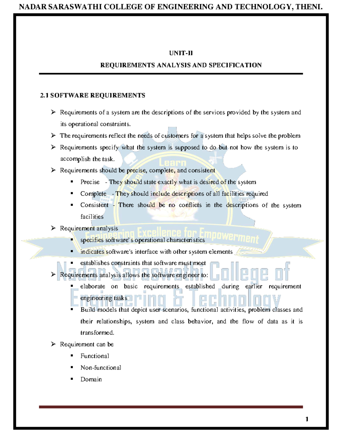 Requirements Analysis and Specification - UNIT 2 Notes for OOSE - Studocu