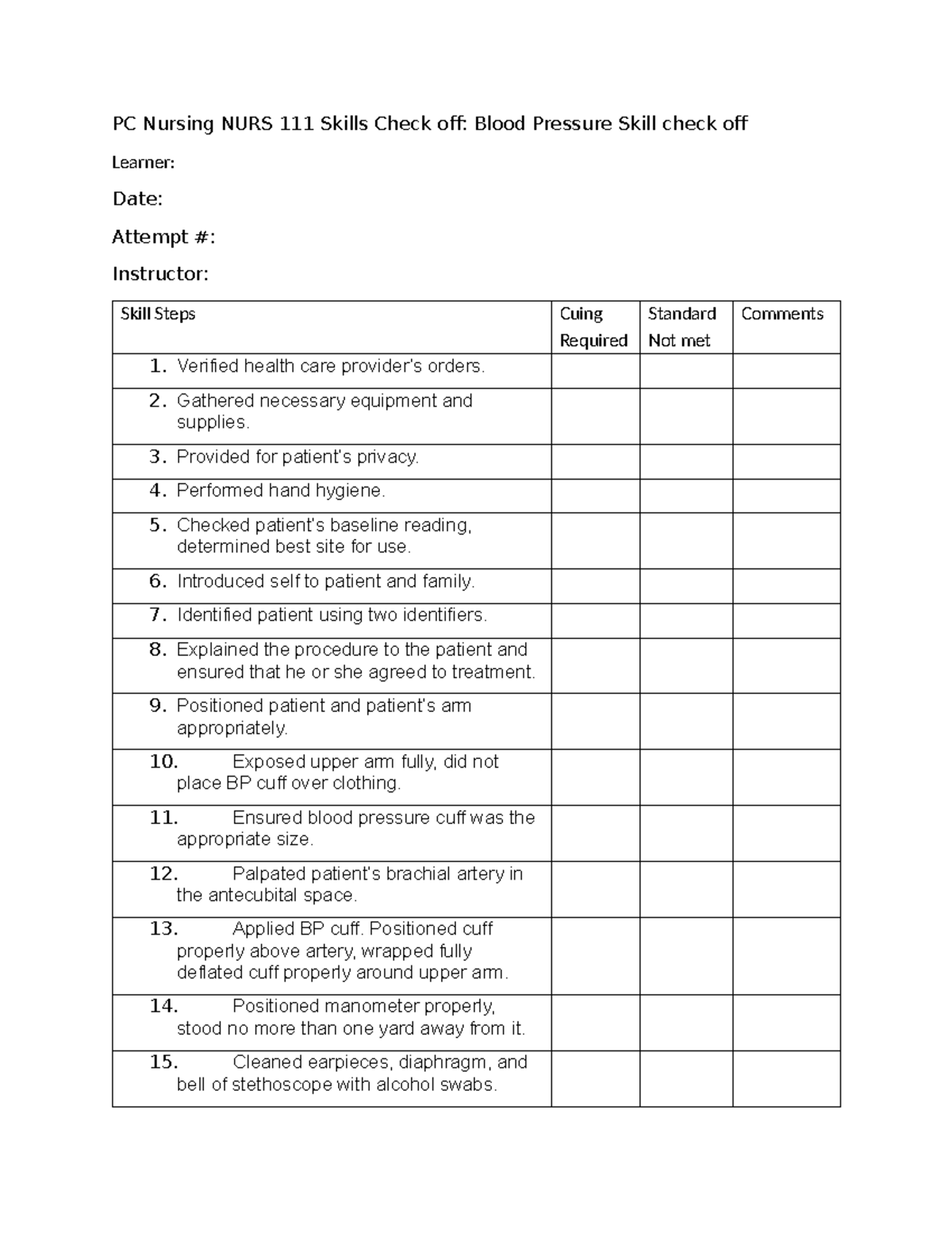 Blood Pressure Skill check off - PC Nursing NURS 111 Skills Check off ...