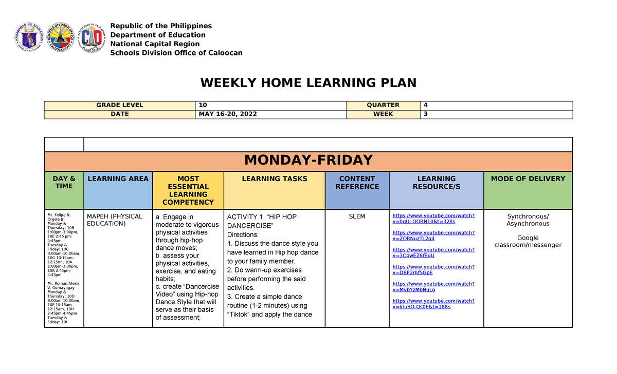 WHLP Q4 W3 PE 05 - Weekly Home Learning Plan for Grade 10 - Studocu