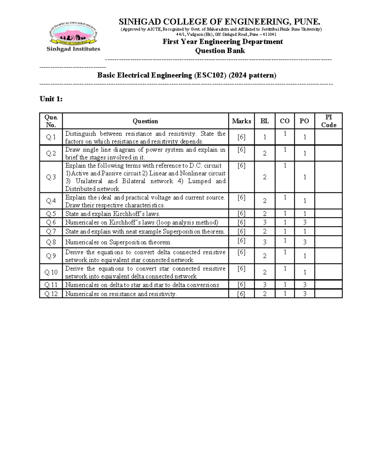 Basic Electrical Engineering (ESC102) Question Bank for 2024 Exam - Studocu